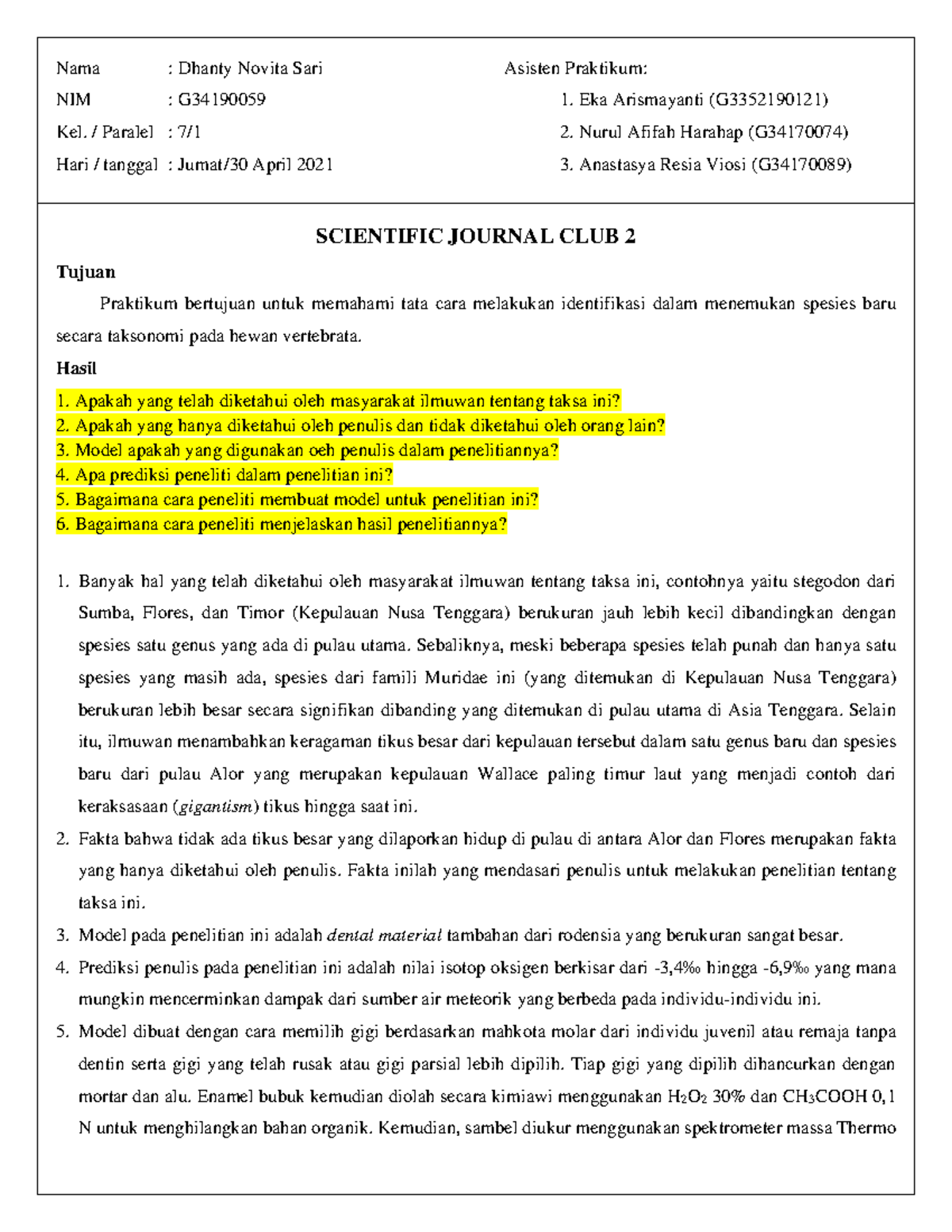 Scientific Journal Club 2 - Nama : Dhanty Novita Sari Asisten Praktikum ...