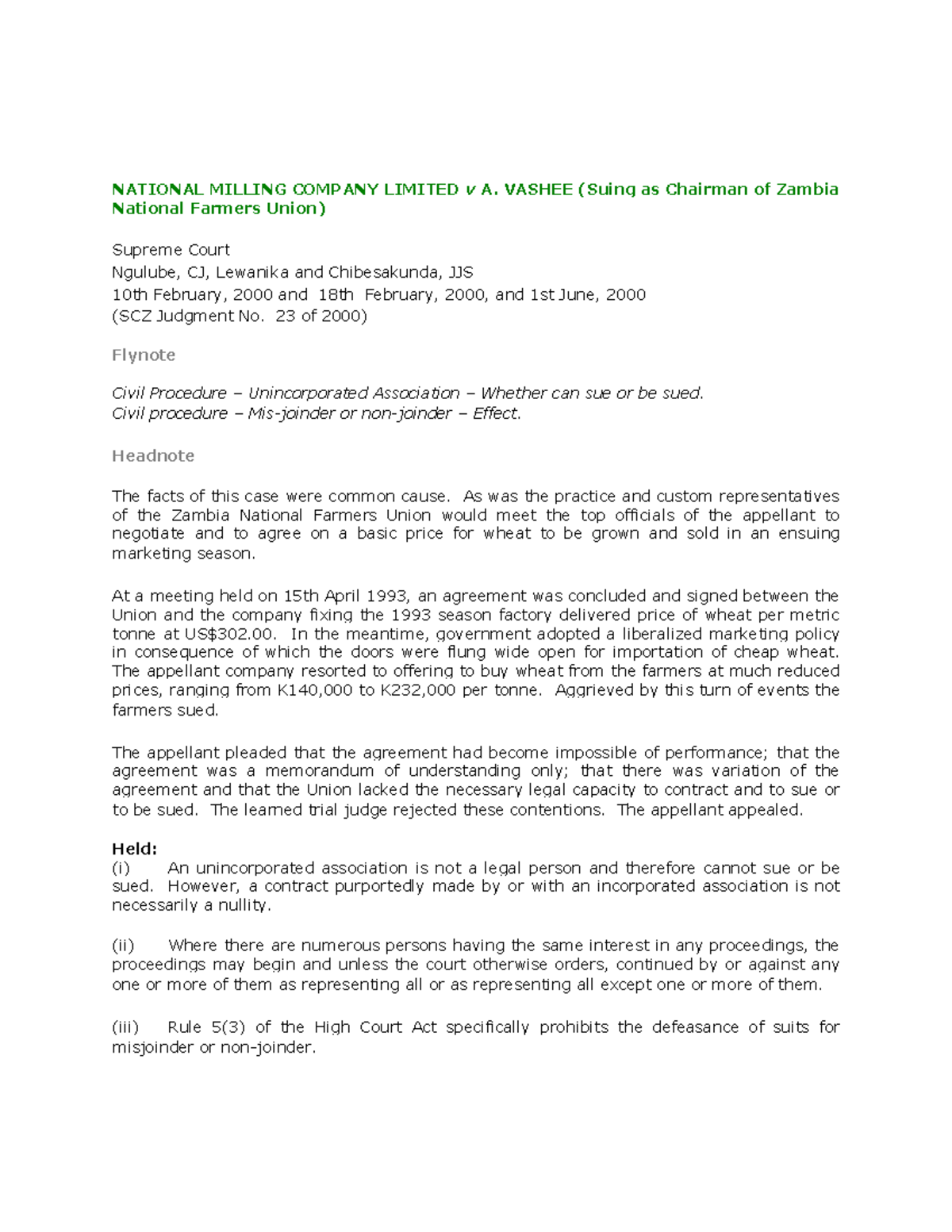 National Milling Co. Ltd v Vashee: Supreme Court Judgment Analysis ...