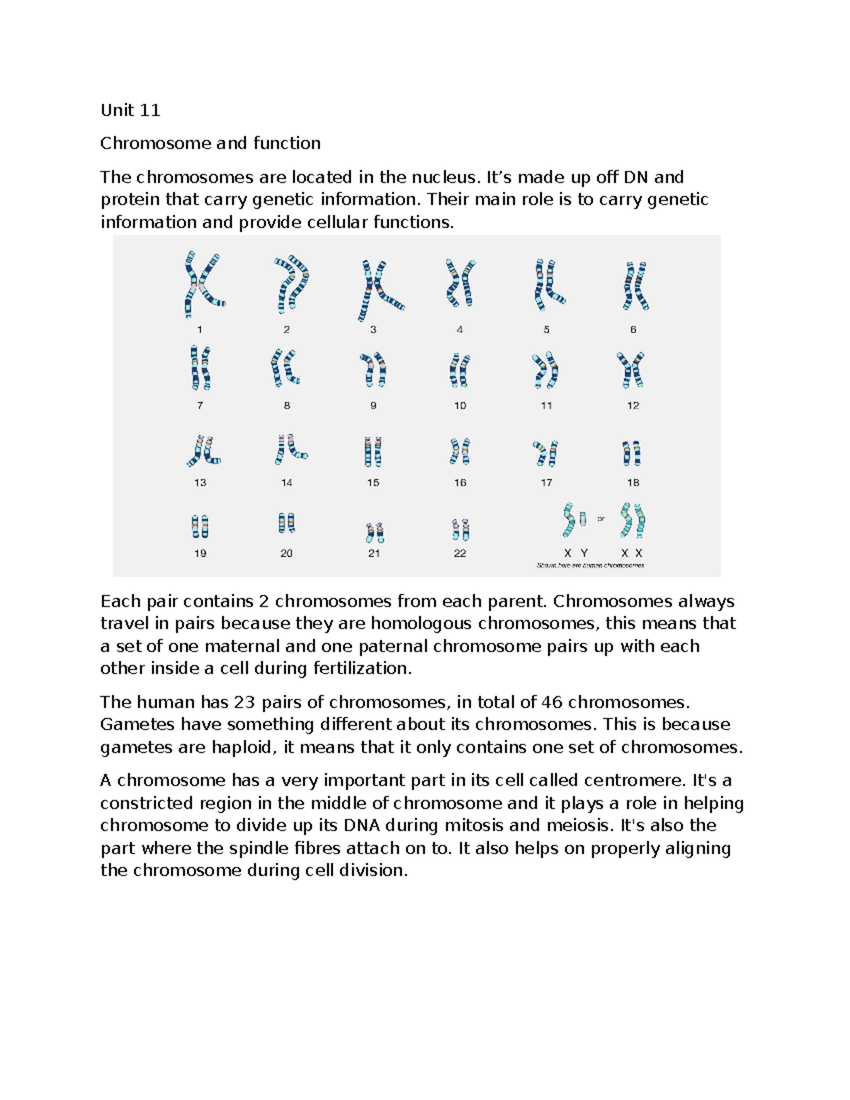 Unit 11 - assignment 2 - aaa - Unit 11 Chromosome and function The chromosomes are located in ...