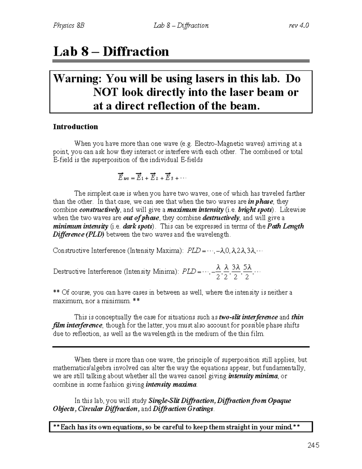 Lab 8 Diffraction - Lab 8 - Lab 8 – Diffraction Warning NOT look directly into the laser beam or ...