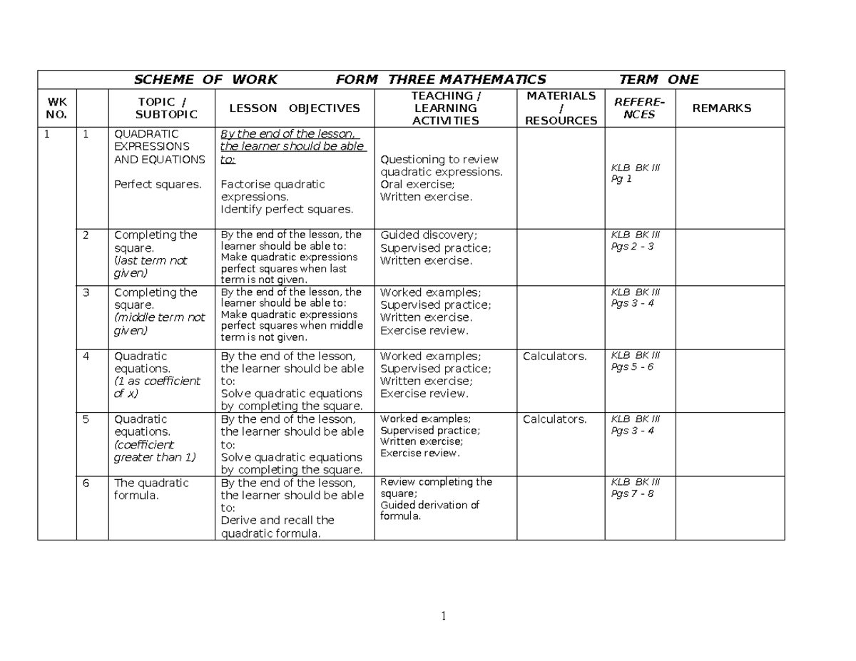 Mathematics FORM 3 Term 1 Scheme of Work Overview - Studocu