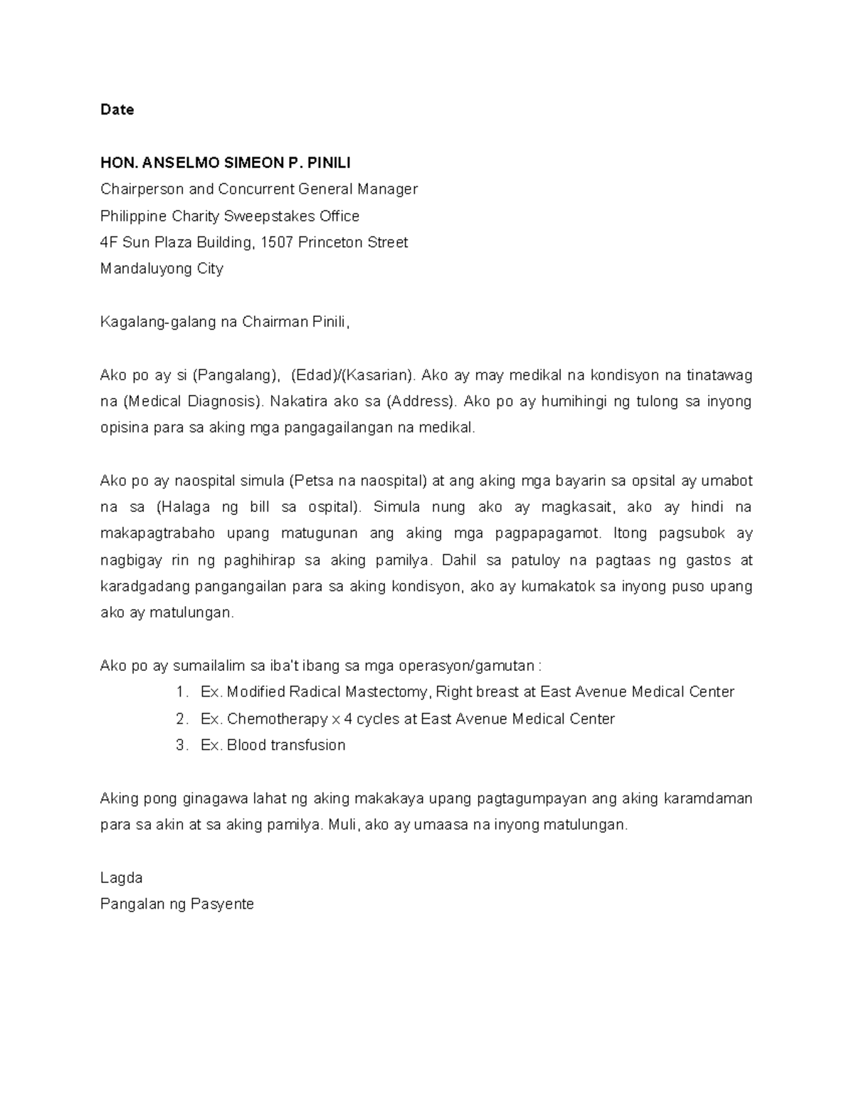 Request Letter Template for PCSO Medical Assistance (Tagalog) - Studocu