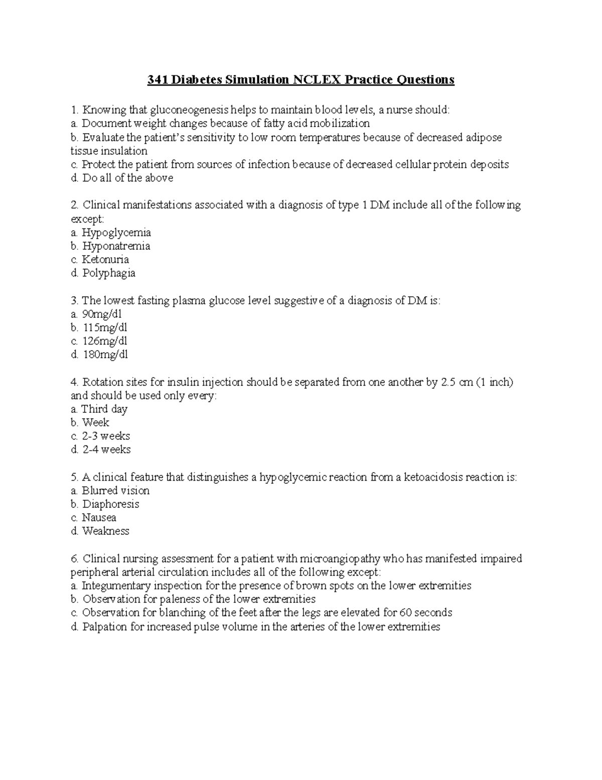 Week 11 341 NCLEX Diabetes Practice Questions (Rev. 10/2020) - Studocu