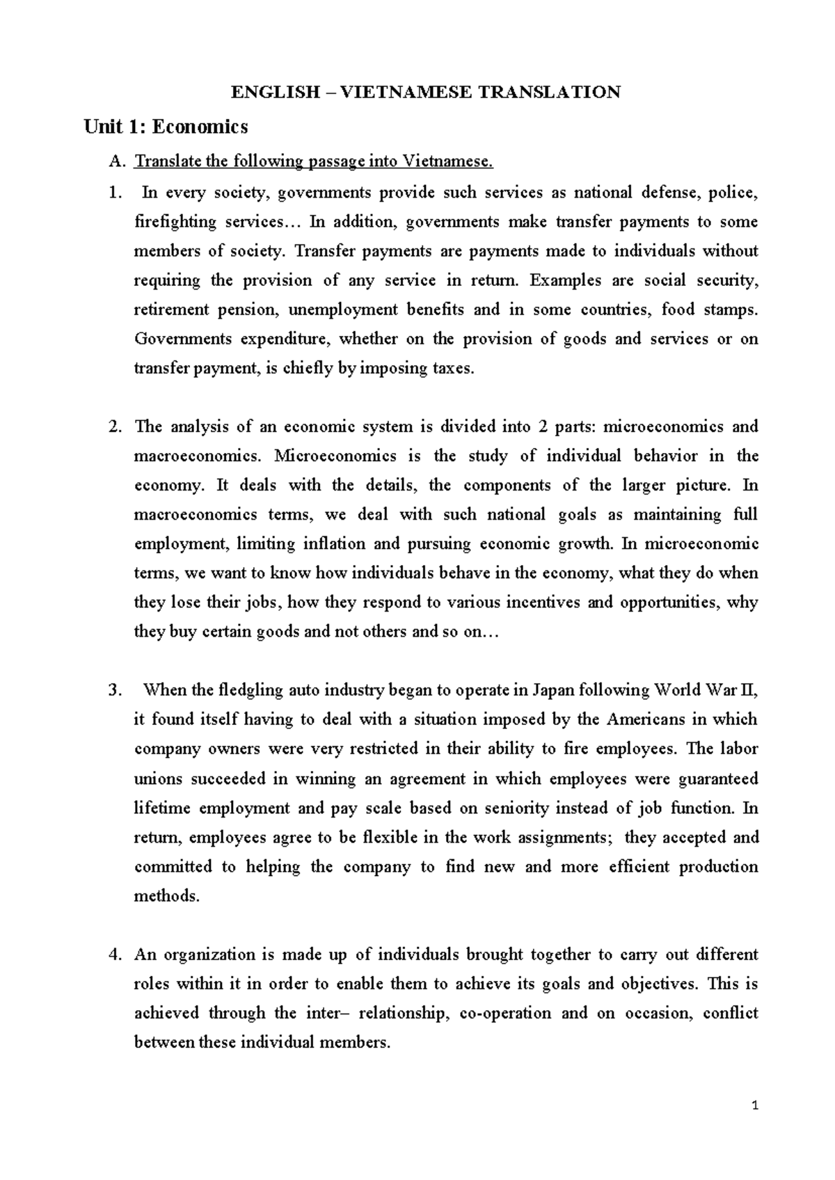 ENGLISH VIETNAMESE TRANSLATION Unit 1: Economics - Comprehensive Guide ...