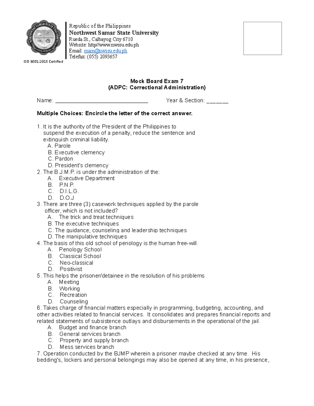 COR AD Mock Board Exam 7 - Correctional Administration Review - Studocu