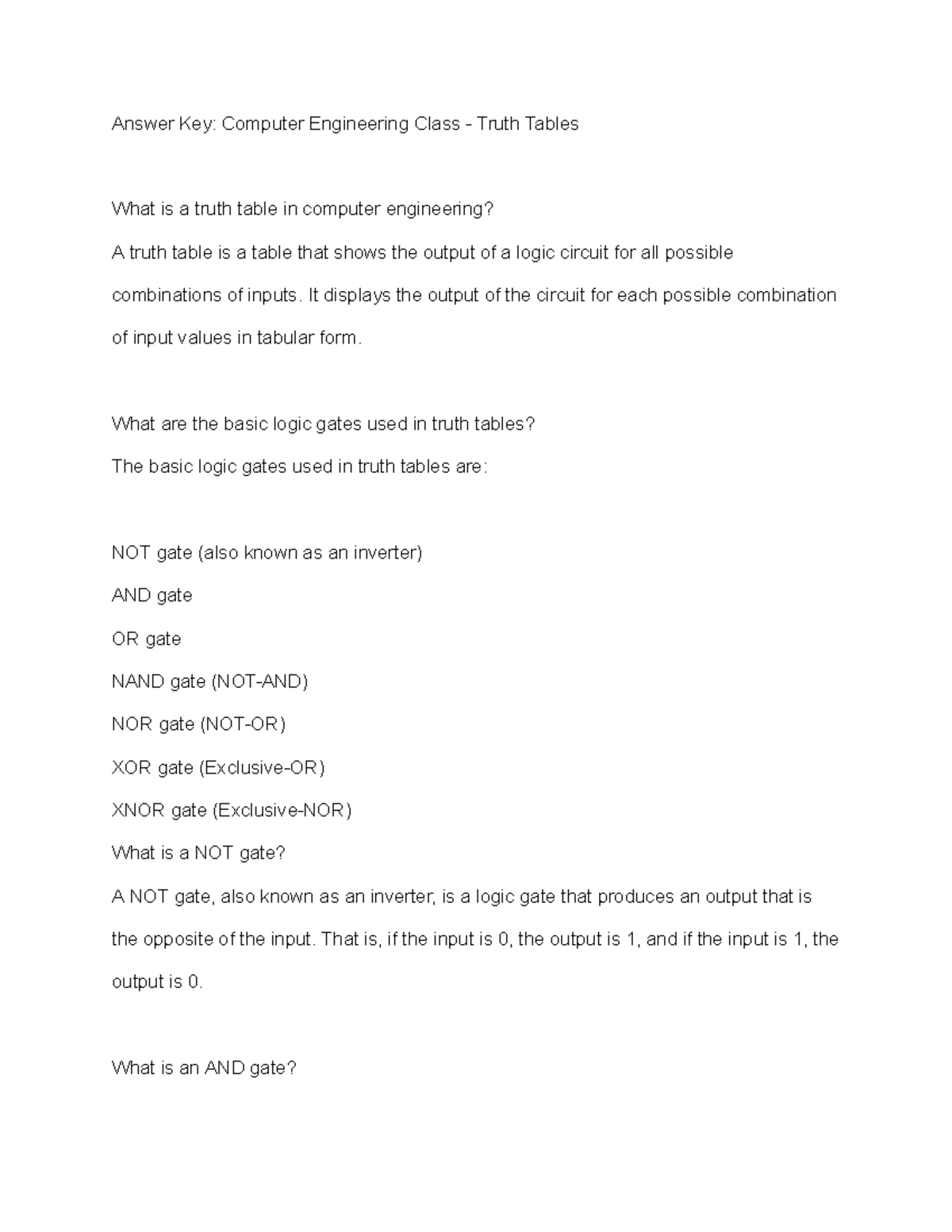 Answer Key: CE 101 - Truth Tables Overview in Computer Engineering ...