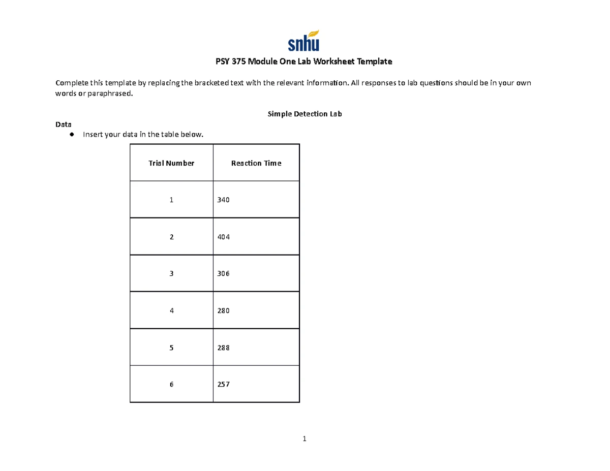 PSY 375 Module One Lab Worksheet - All responses to lab questions ...