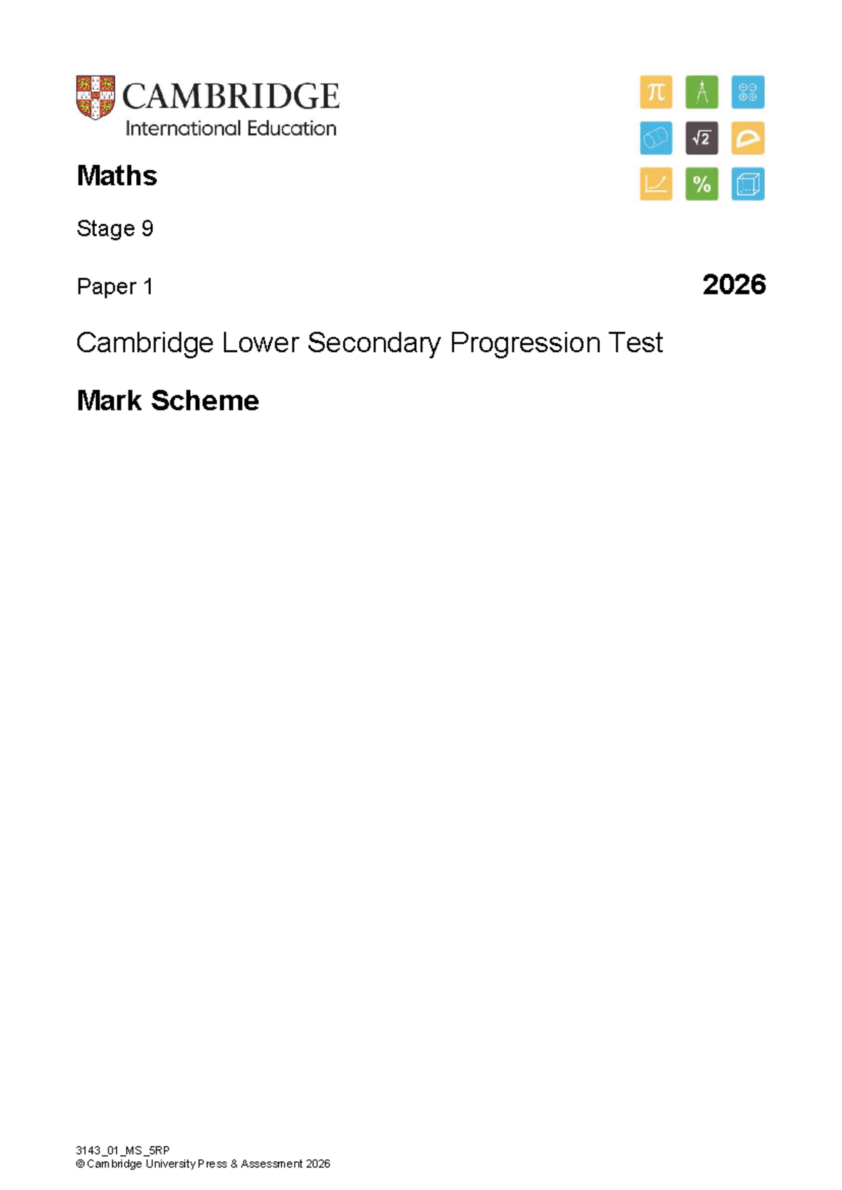 Mathematics Stage 9 Paper 1 Mark Scheme (3143_01_MS_5RP) 2026 - Studocu