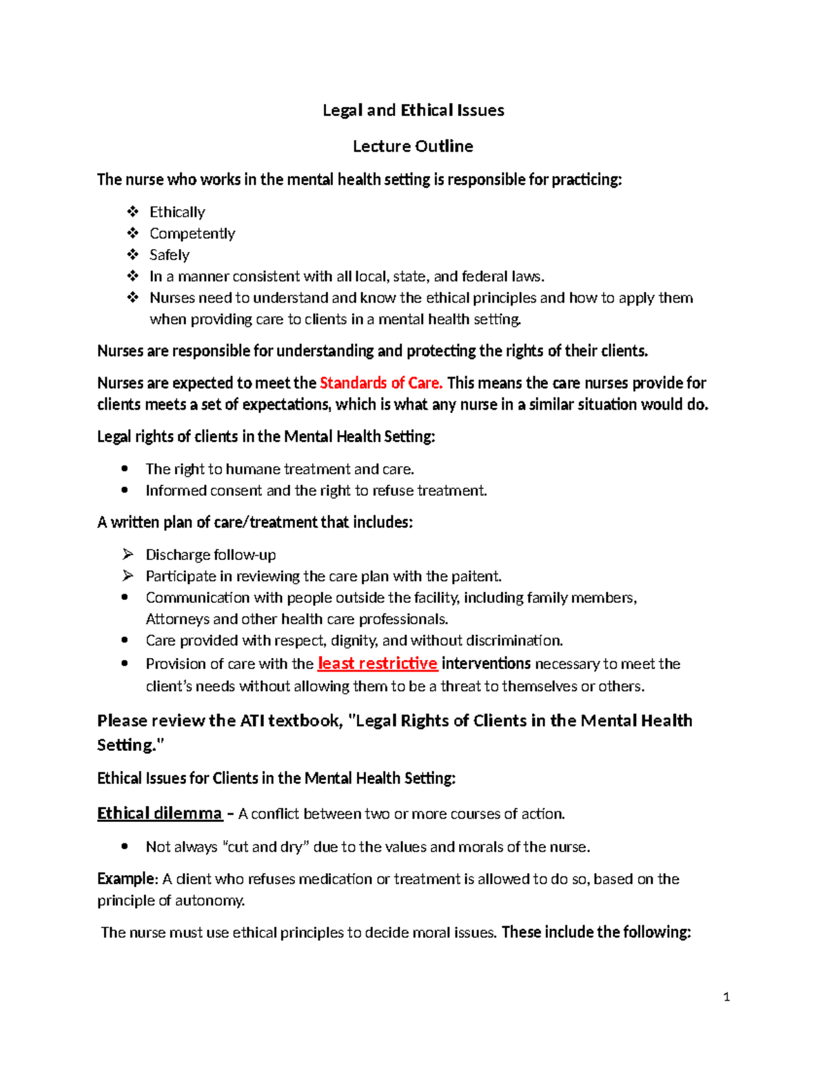Legal and Ethical Issues in Mental Health Nursing: Lecture Outline ...
