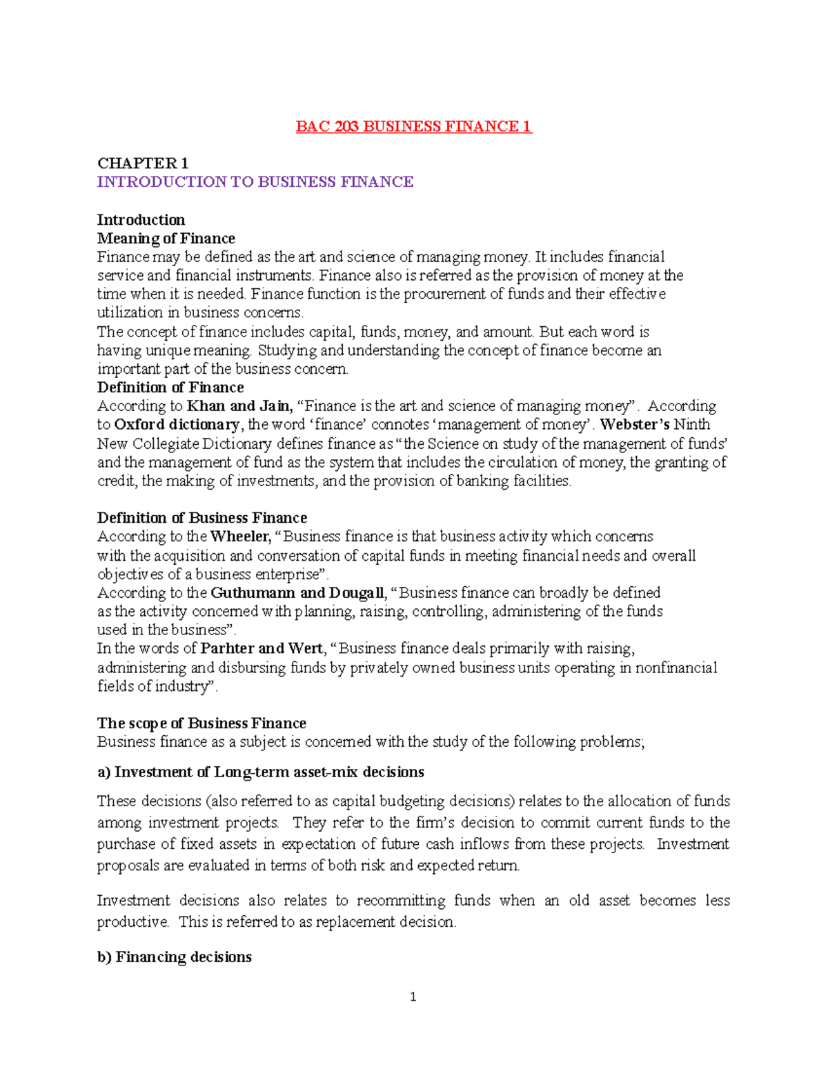 BAC 203: Business Finance Notes - Chapter 1 Overview and Concepts - Studocu