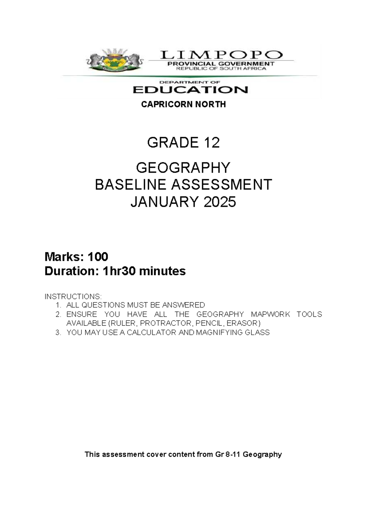CAPRICORN NORTH GRADE 12 GEOGRAPHY BASELINE ASSESSMENT JAN 2025 - Studocu
