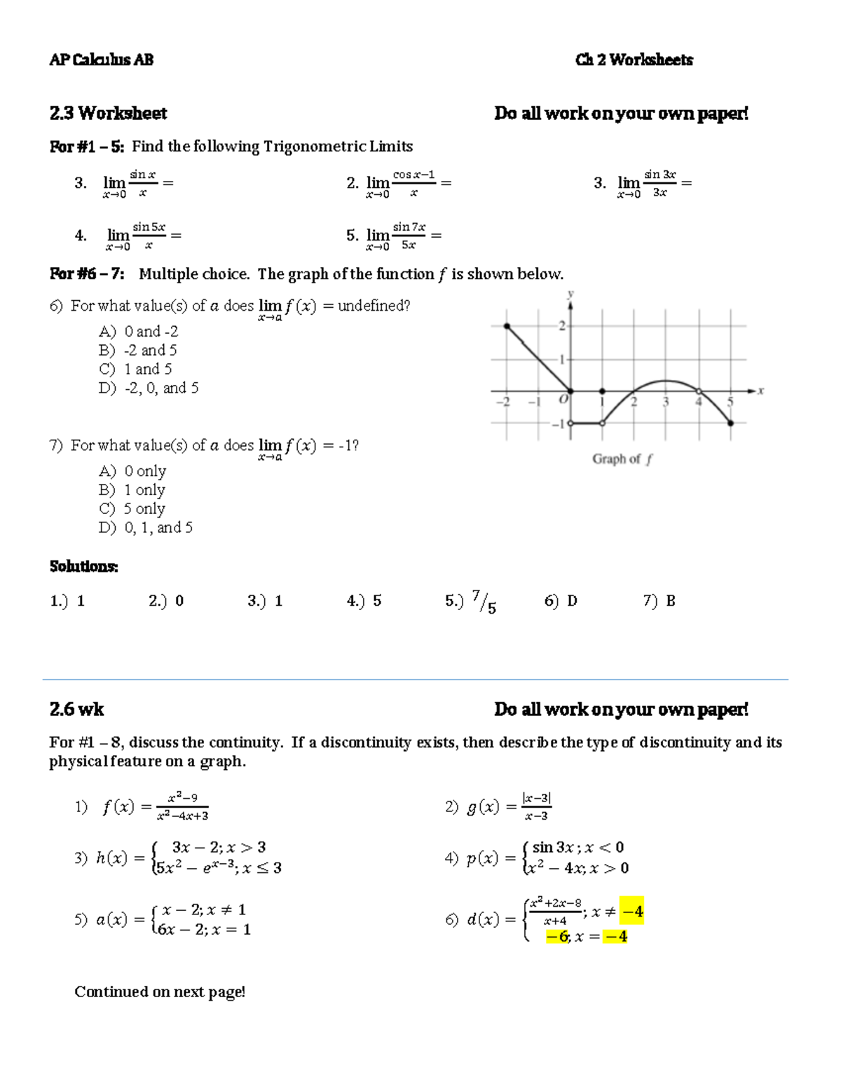 AP Calculus AB Ch 2 Worksheets: Trigonometric Limits & Continuity - Studocu