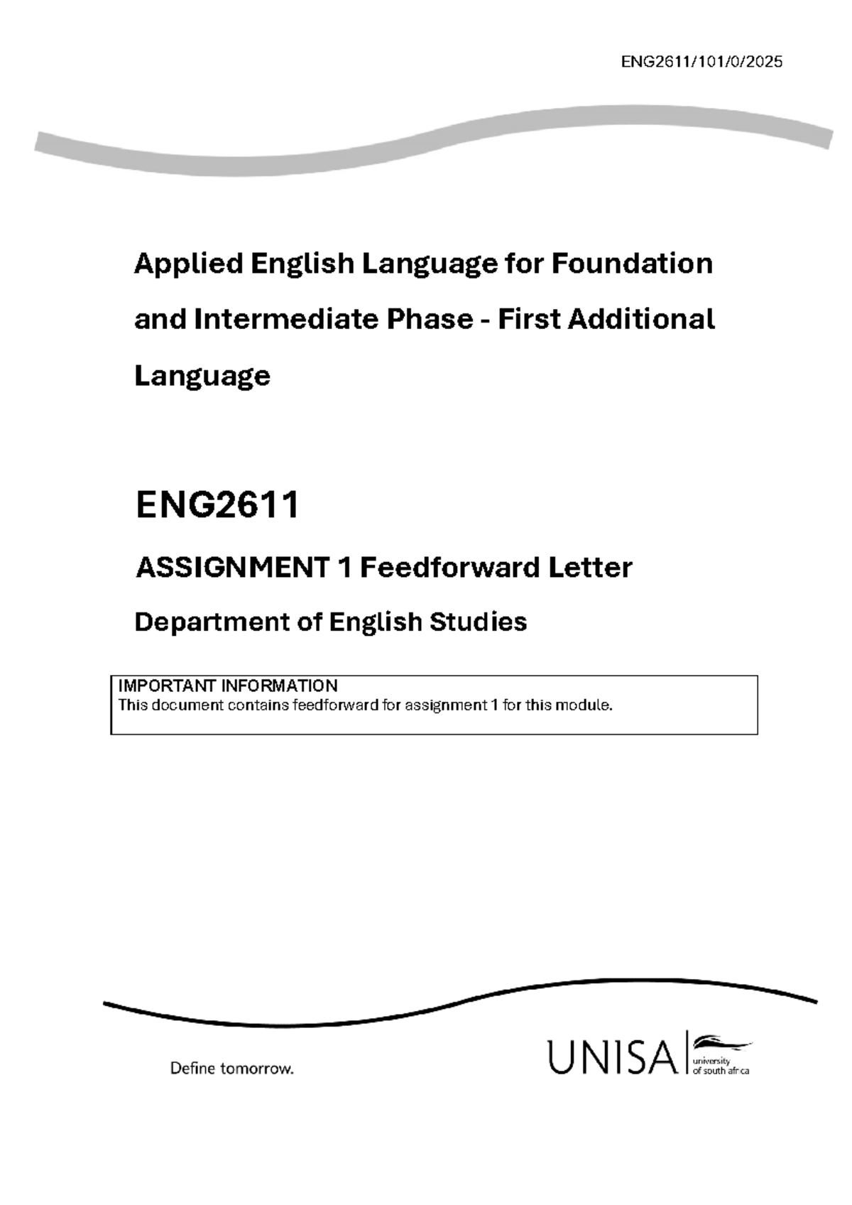 ENG2611 Assignment 1 feedforward letter for foundation phase FAL - Studocu