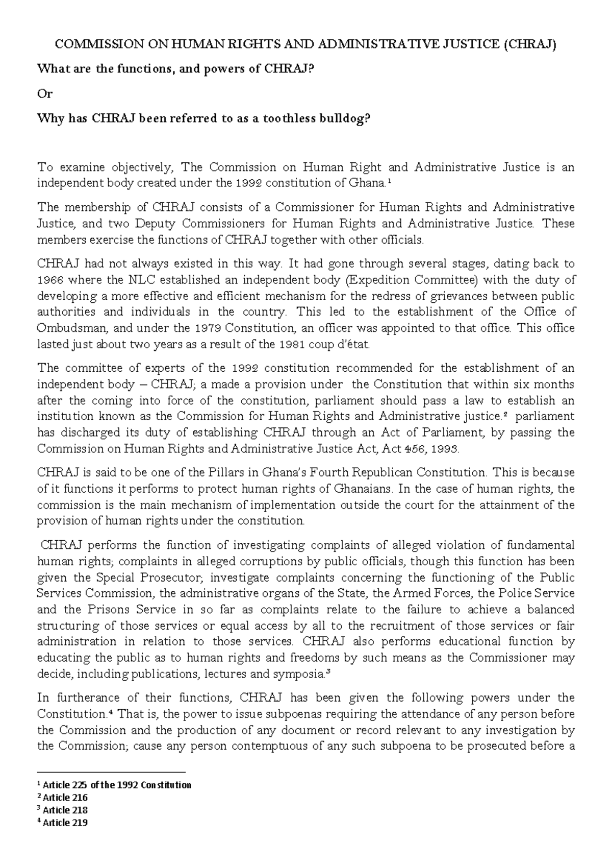 Functions and Limitations of CHRAJ: A Critical Analysis - Studocu