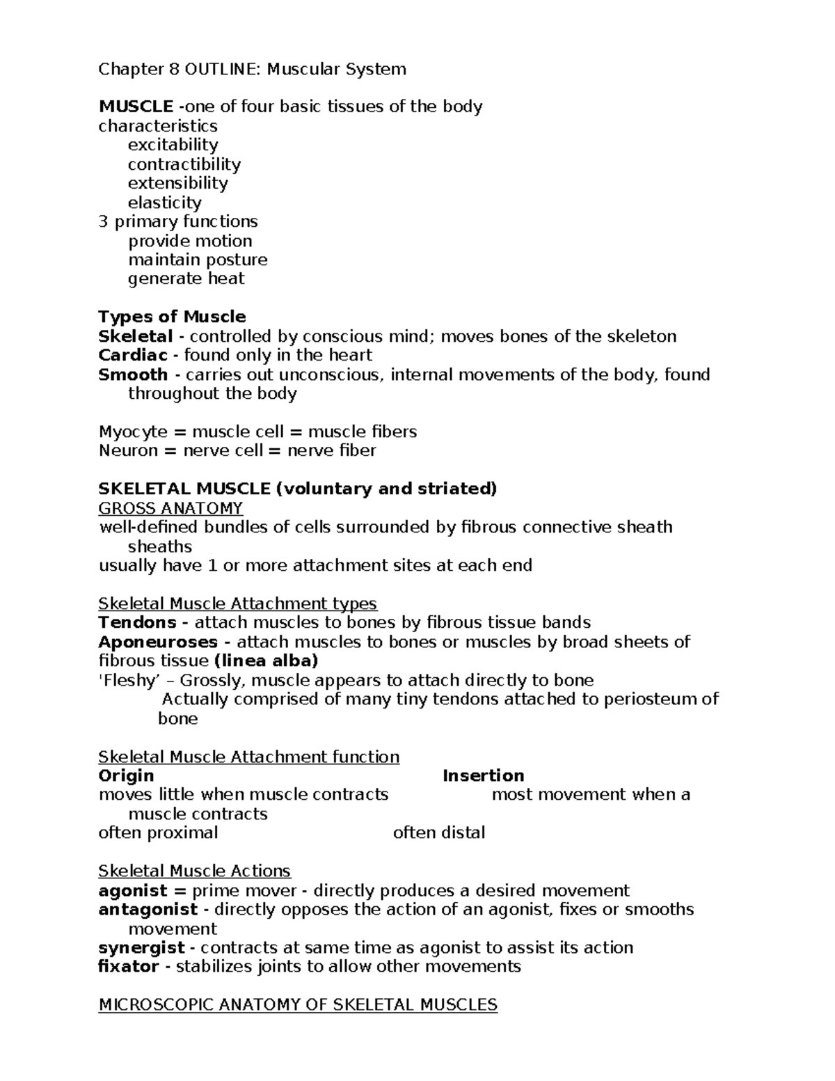 Chapter 8 Outline: Muscle Physiology & Anatomy (BIO 101) - Studocu