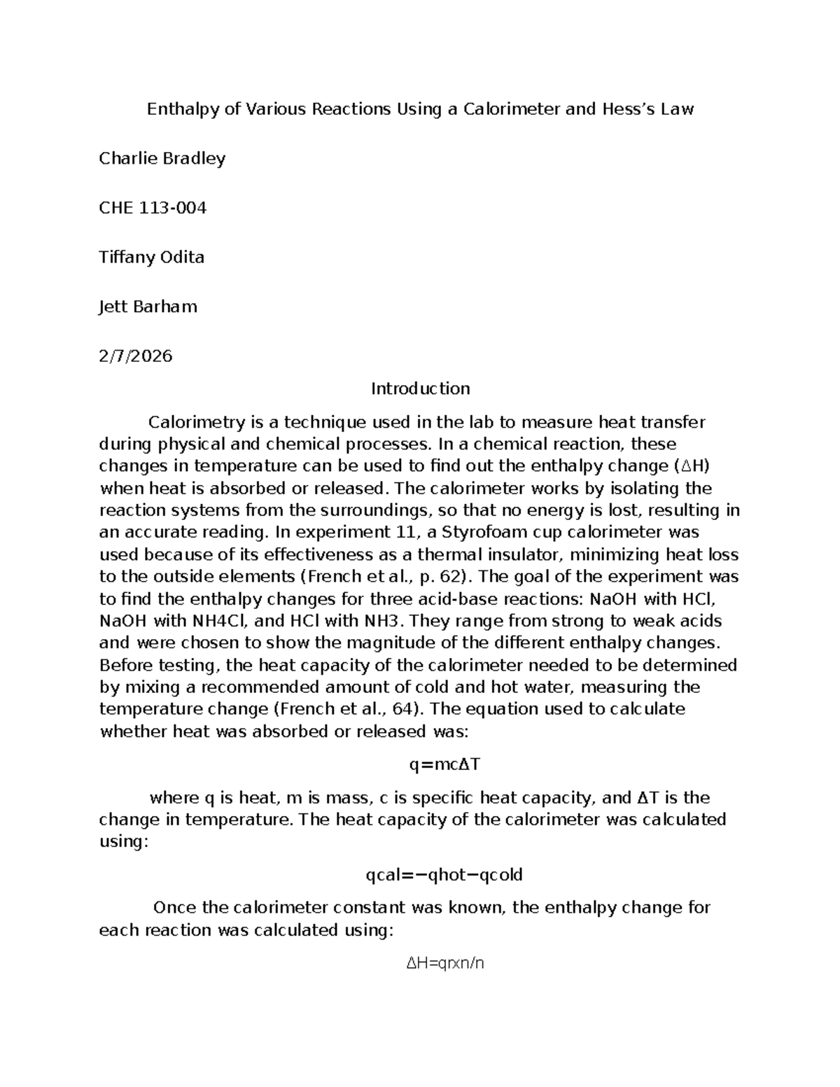 CHE 113 Final Exam: Enthalpy Changes in Reactions via Calorimetry - Studocu