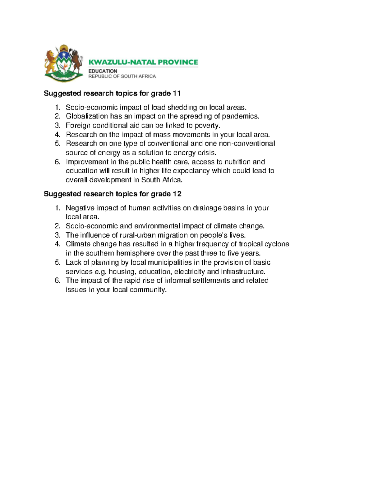 Grade 11 & 12 Suggested Research Topics for Students - Studocu
