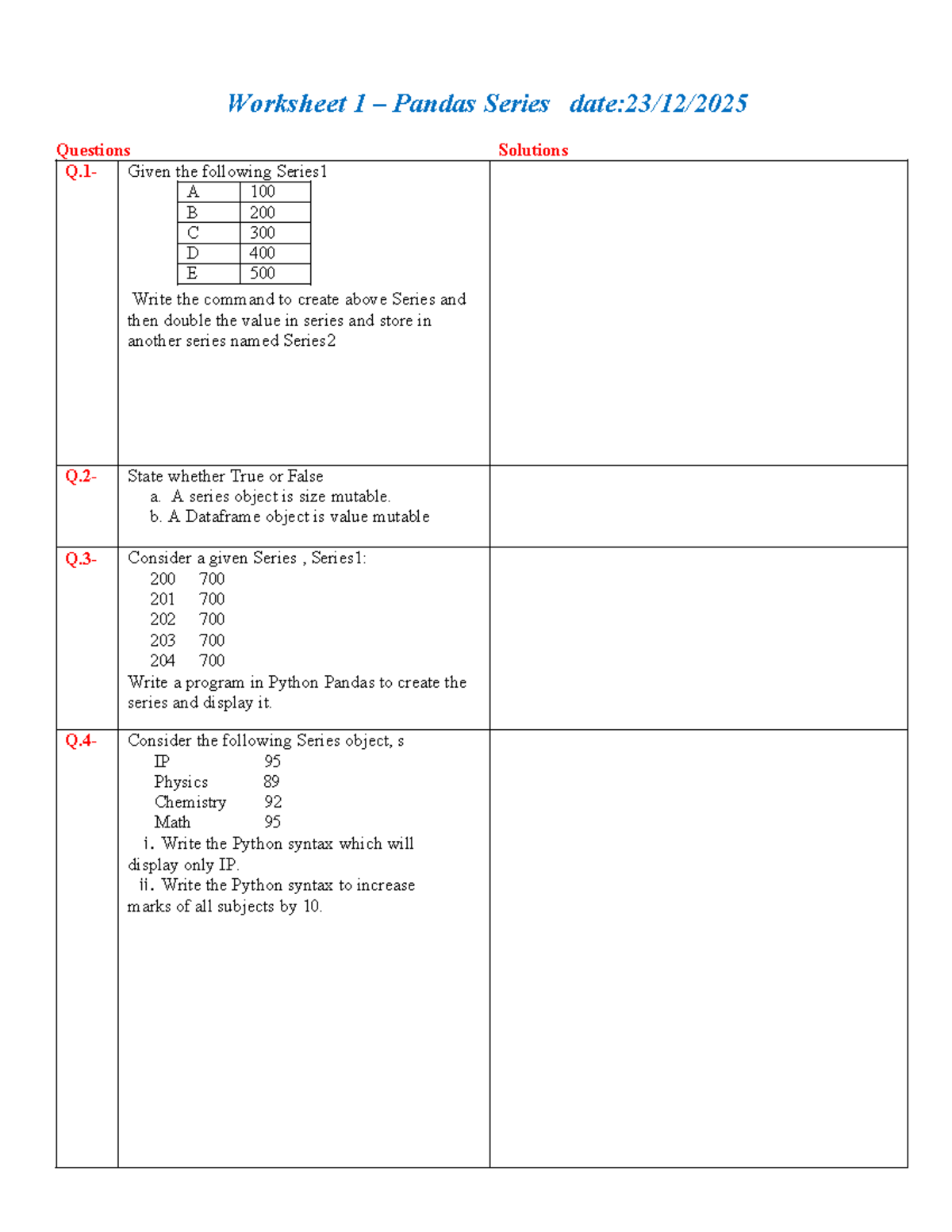 Pandas Series Worksheet 1: Solutions and Code Examples - Studocu