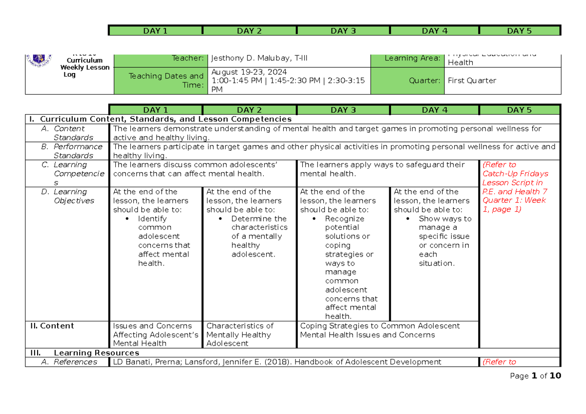 Lesson Plan for PE and Health 7: First Quarter Overview - Studocu