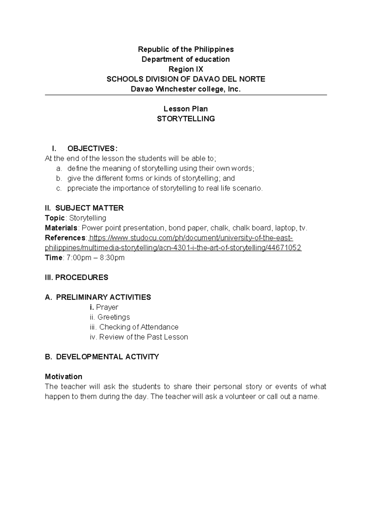 Lesson Plan on Storytelling for Educ 101: Engaging Students in ...