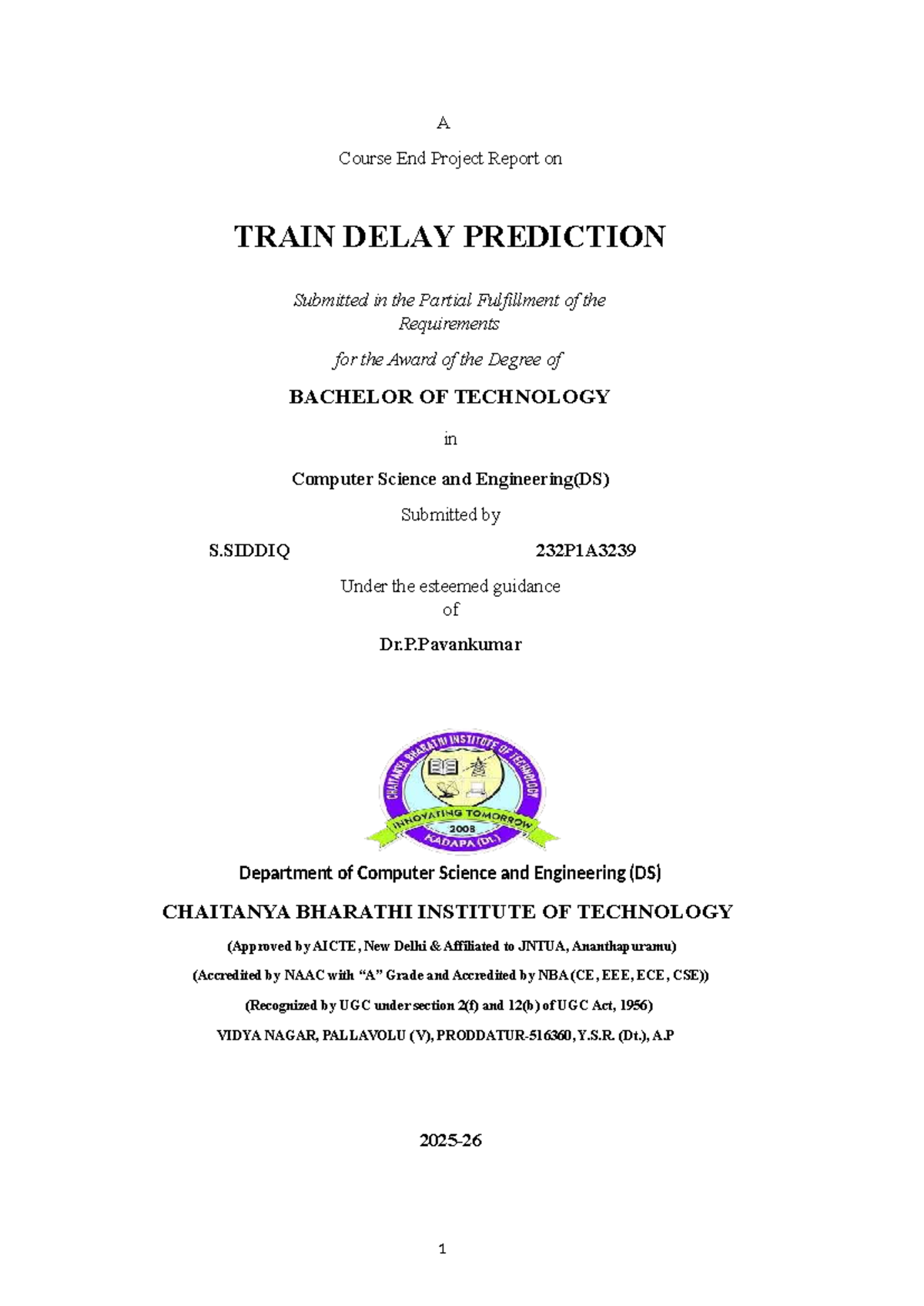 B.Tech Project Report: Train Delay Prediction (CSE DS) - Studocu