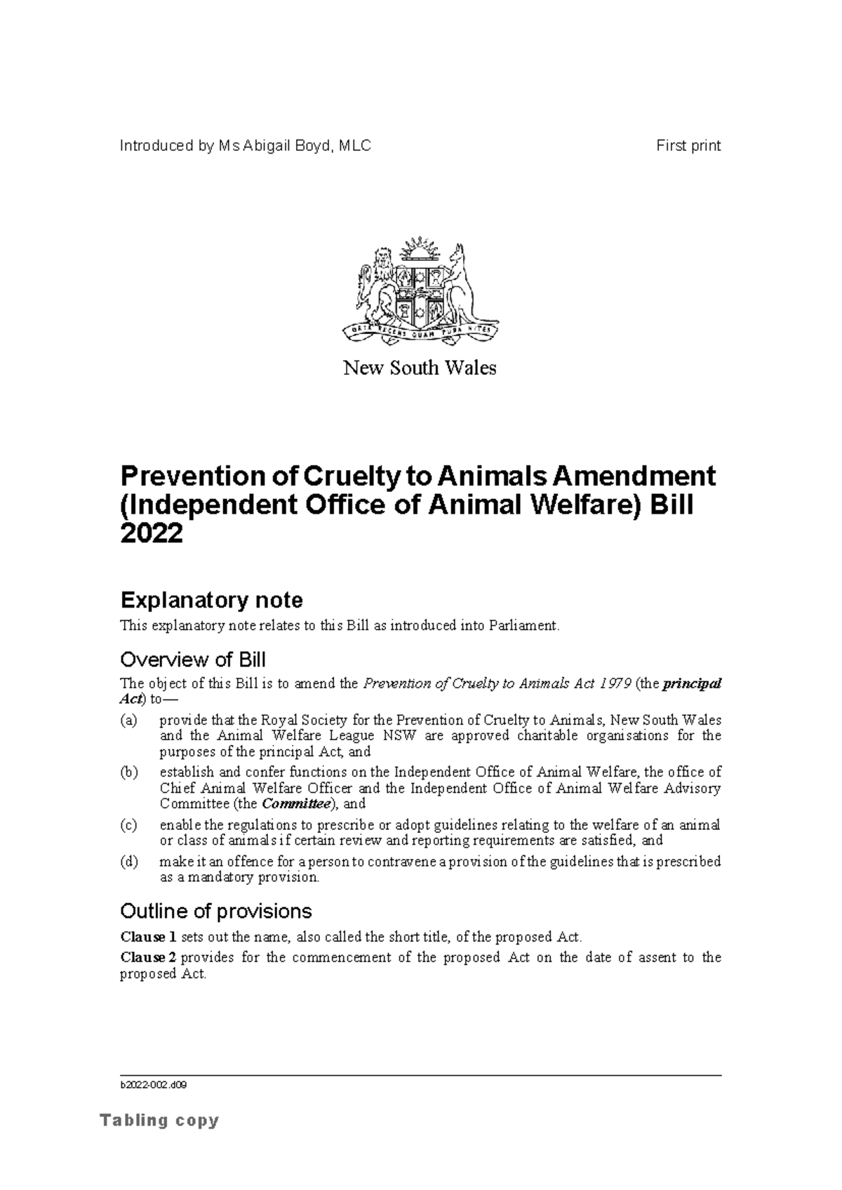 NSW Greens IOAW Bill 2022 - Explanatory Note and Overview - Studocu