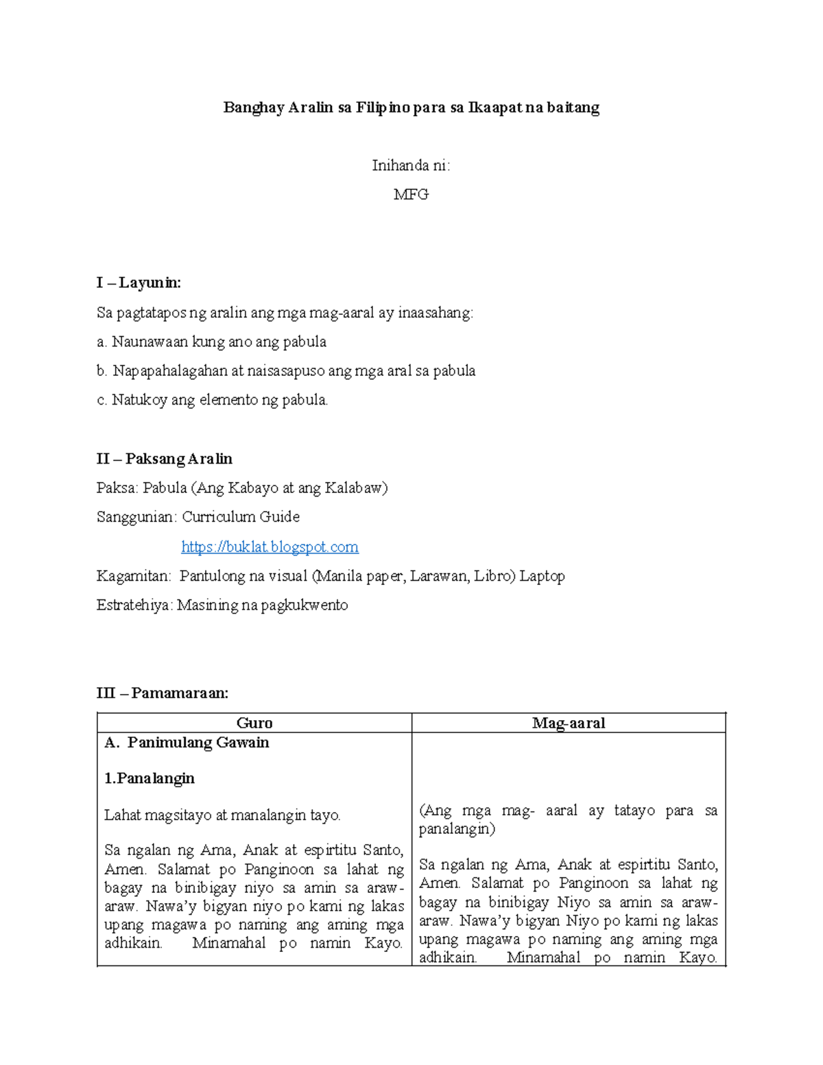 Pabula Lesson Plan for Ikaapat na Baitang: Project Objectives - Studocu