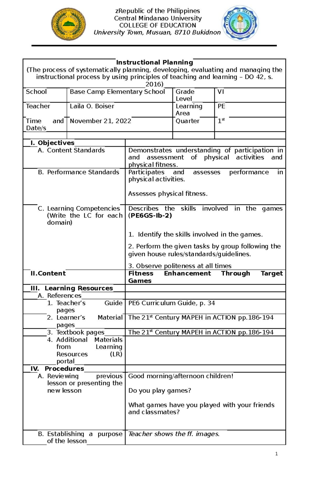 DLP PE 6 - Lesson Plan for Target Games and Skills - Studocu