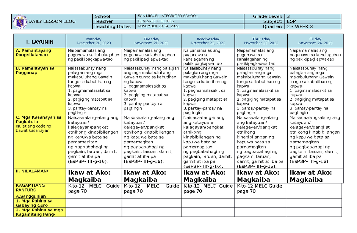 WEEK 3 Lesson Plan for Grade 3 ESP (November 20-24, 2023) - Studocu