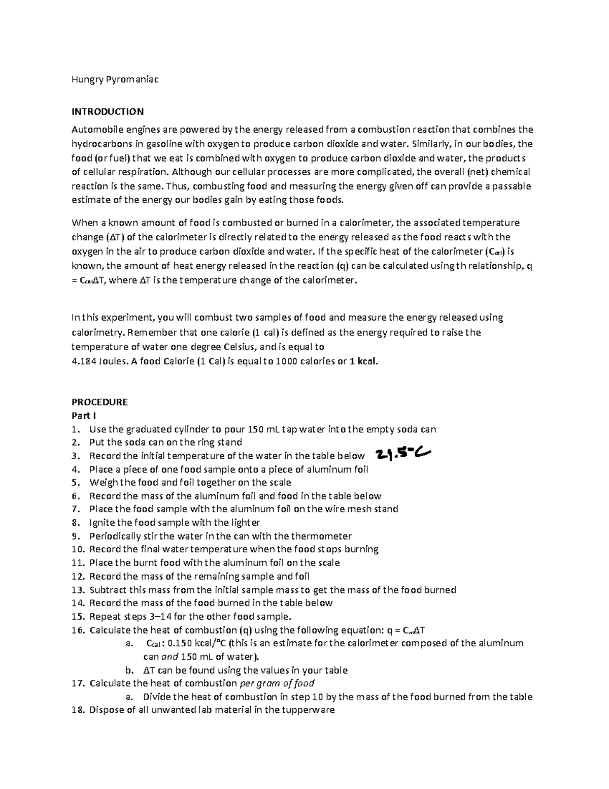 12 - Calorimetry Experiment: Measuring Energy from Food Combustion ...