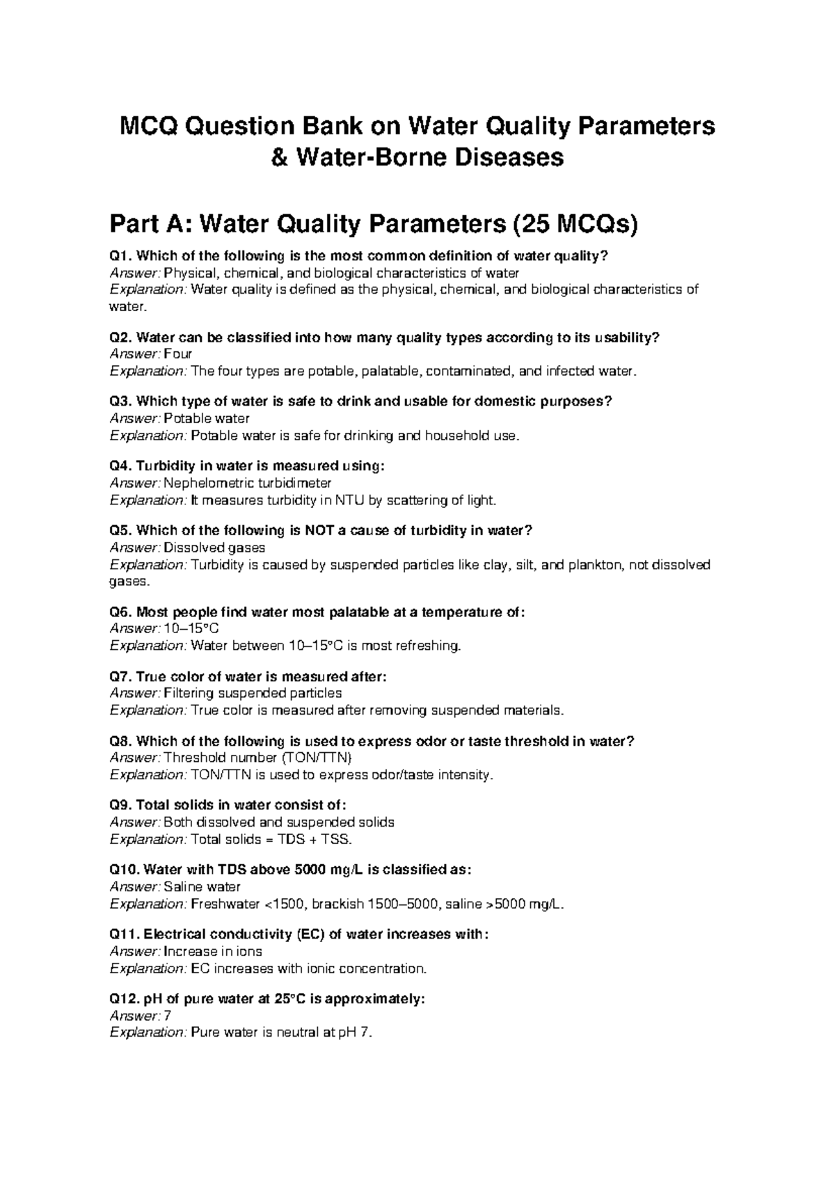 MCQ Question Bank on Water Quality & Diseases (Part A & B) - Studocu