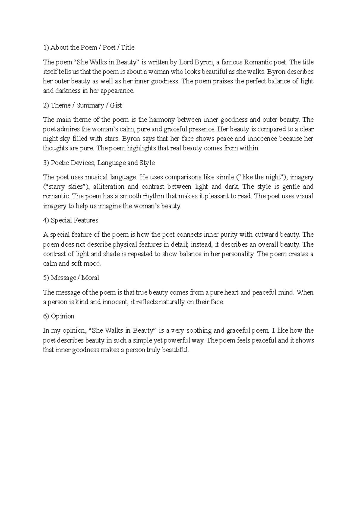 Poem Appreciation: She Walks in Beauty Analysis - Studocu