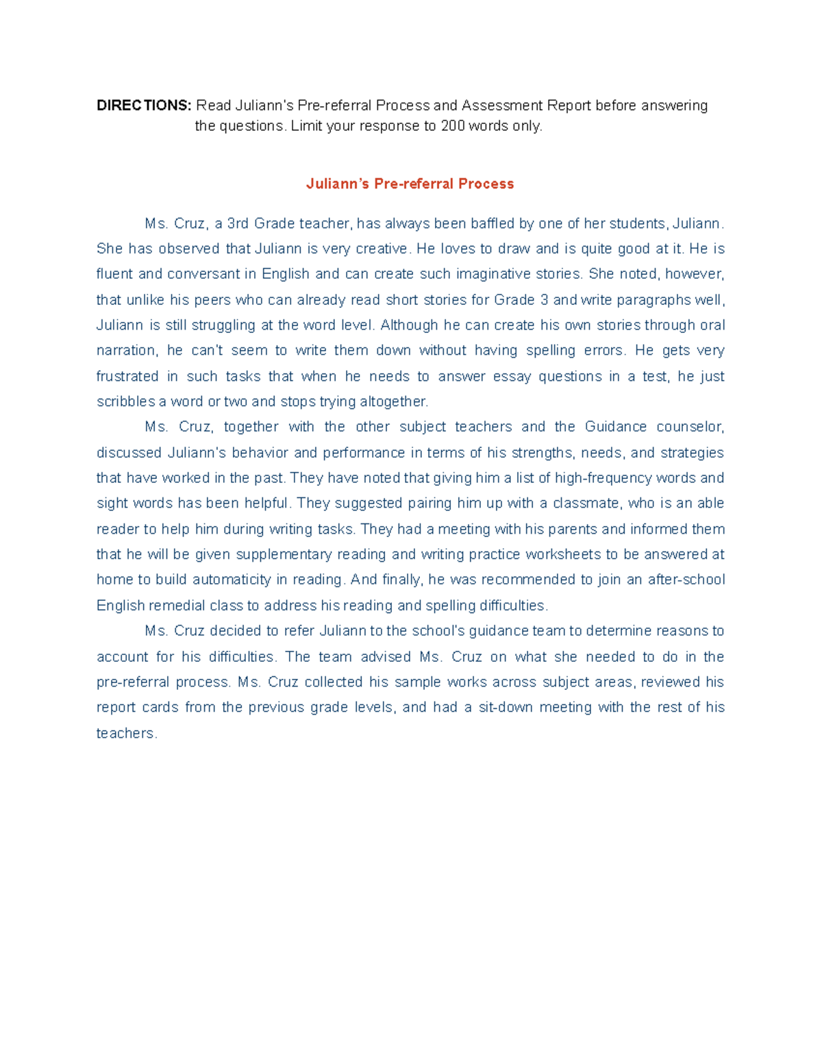 Juliann’s Pre-referral Process - Limit your response to 200 words only ...