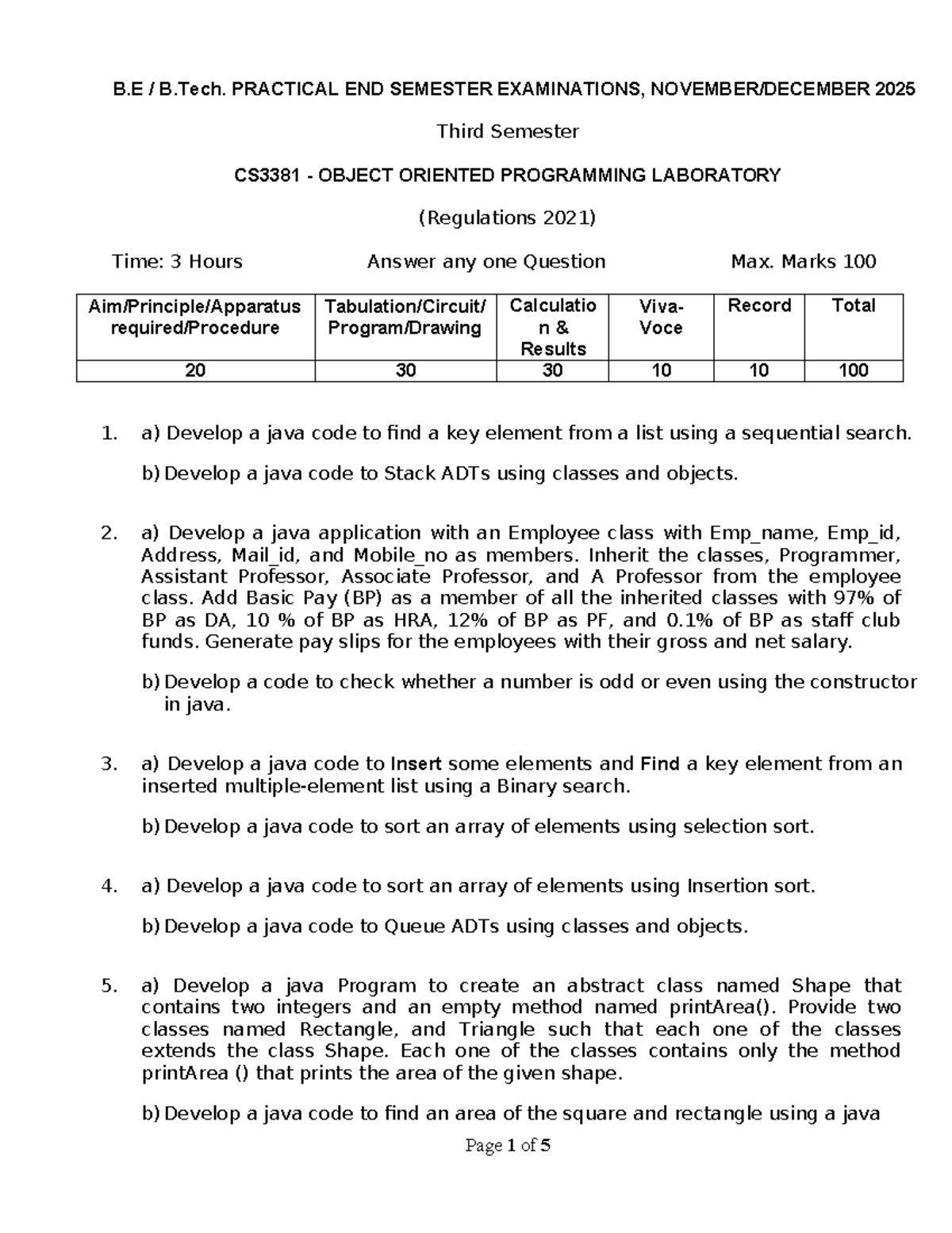 CS3381 Object Oriented Programming Lab - End Semester Exam 2025 - Studocu