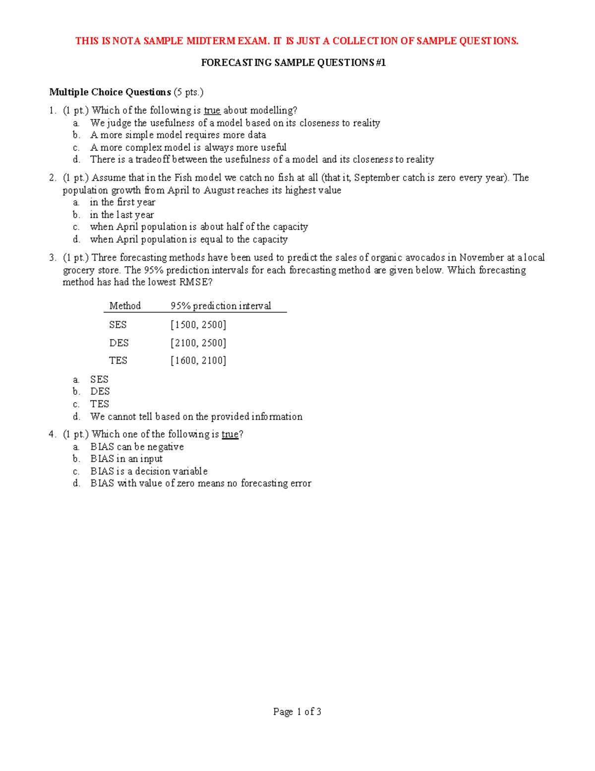 Midterm Exam Sample Questions for Forecasting (Course Code: N/A) - Studocu