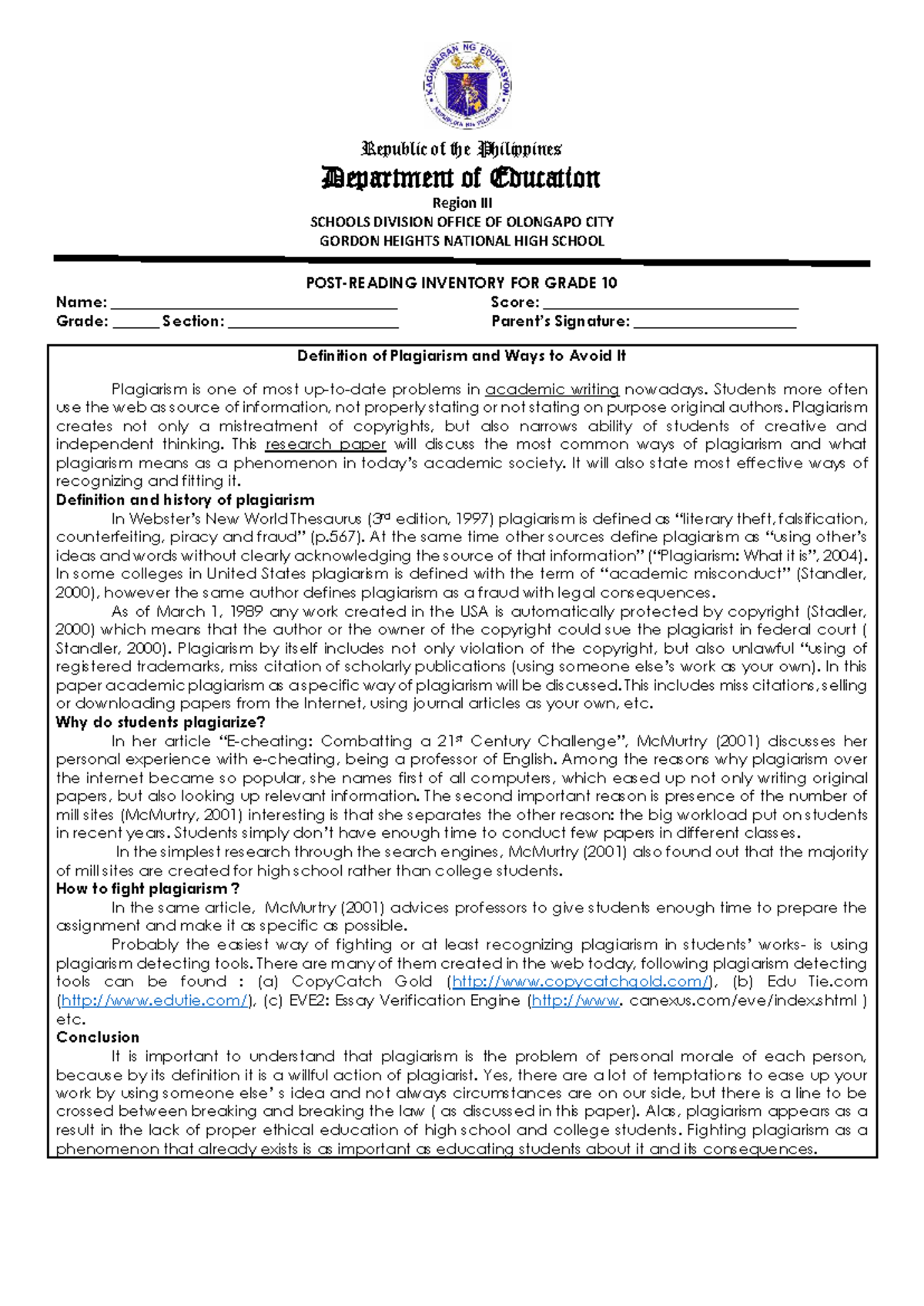 Plagiarism Awareness and Prevention: A Guide for Grade 10 Students ...
