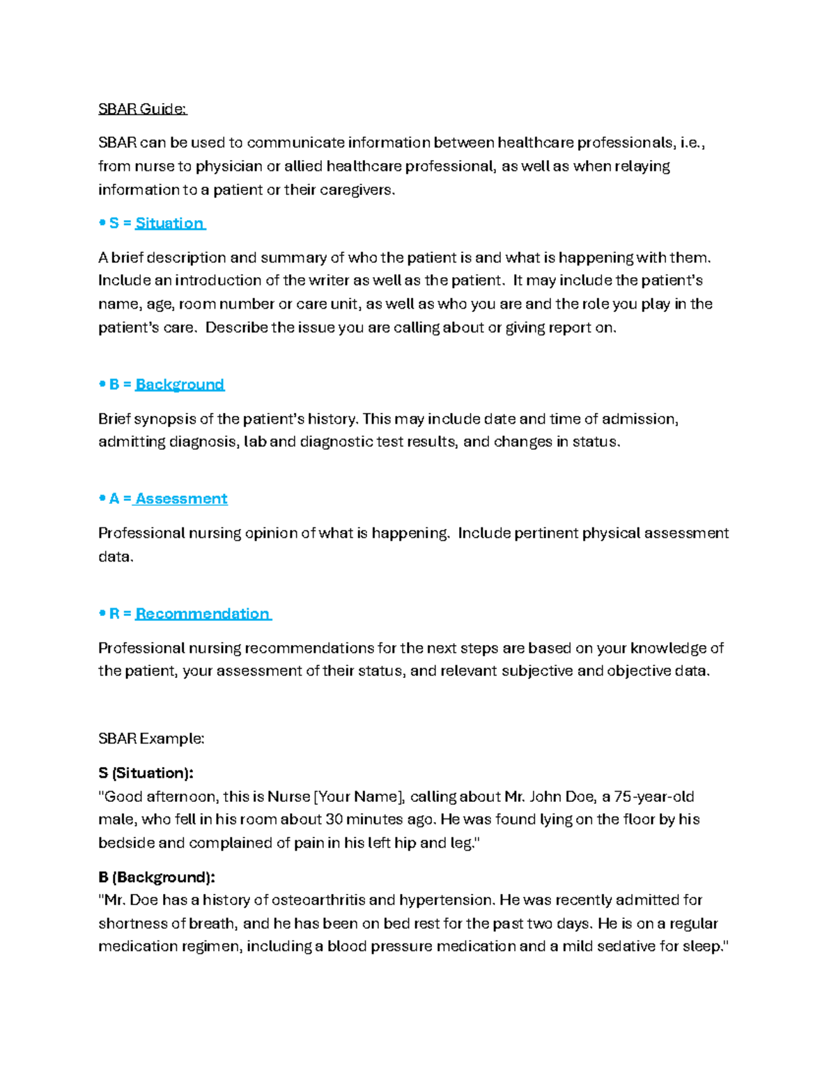 SBAR Communication Guide for Healthcare Professionals - xlm - Studocu