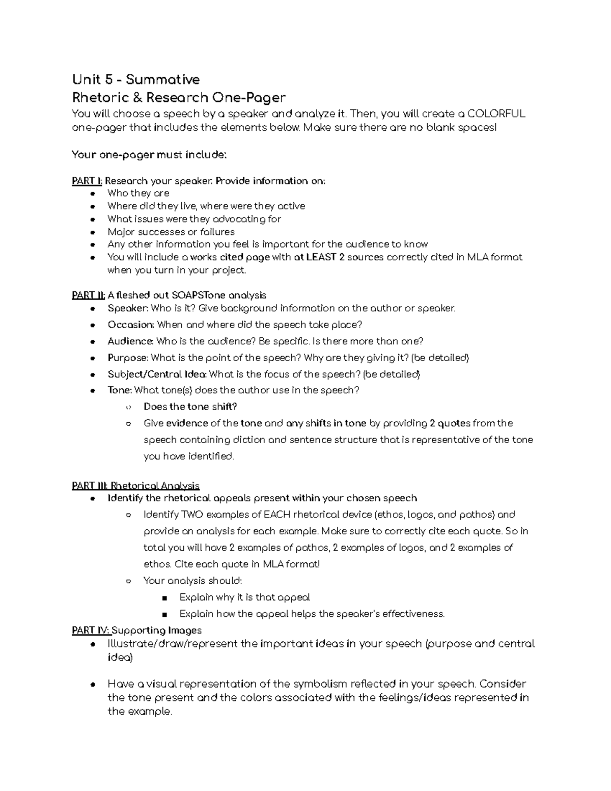 Honors Rhetoric 1-Pager: Unit 5 Summative Speech Analysis - Studocu