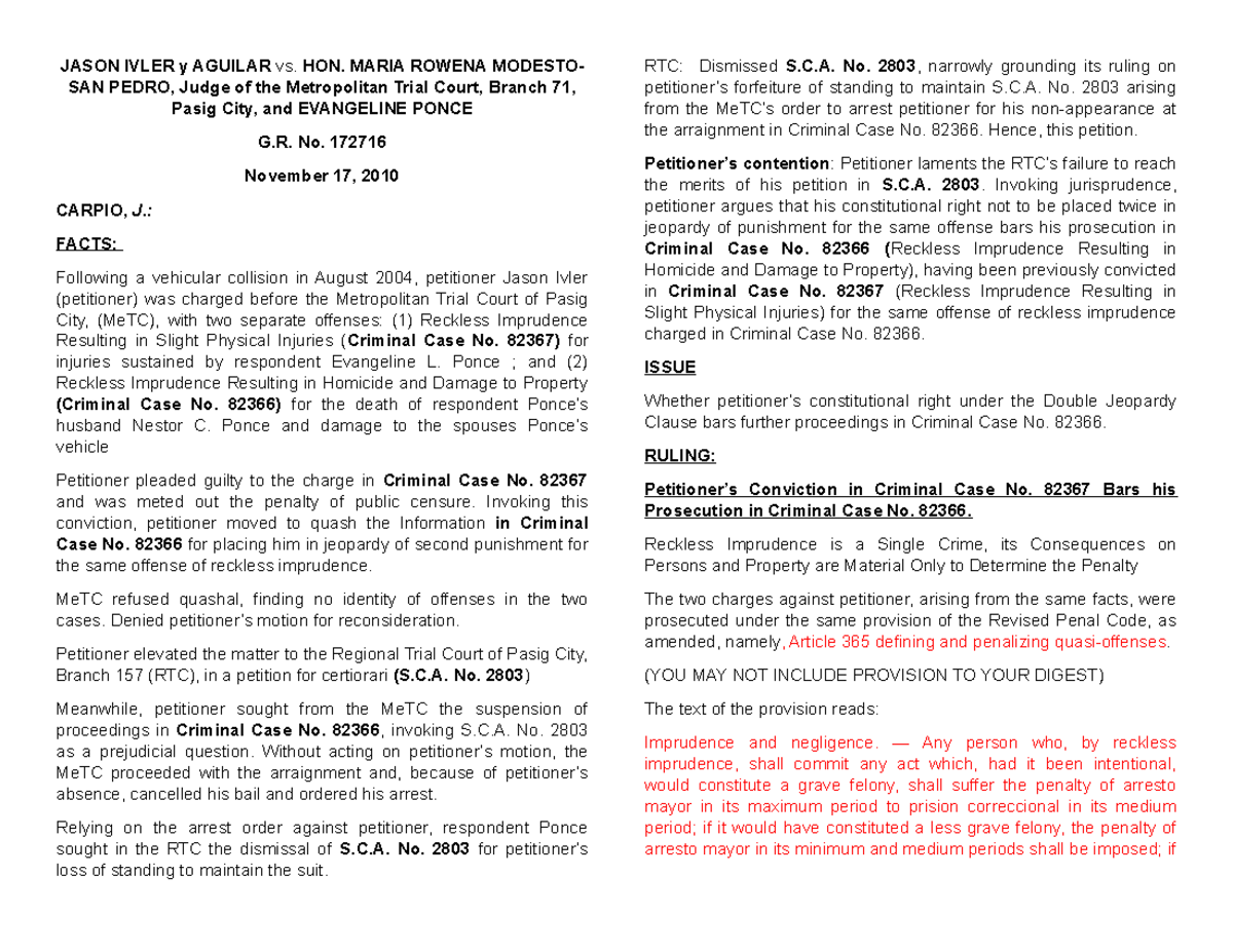 1. Jason Ivler vs. Hon. San Pedro: Case Digest on Reckless Imprudence ...
