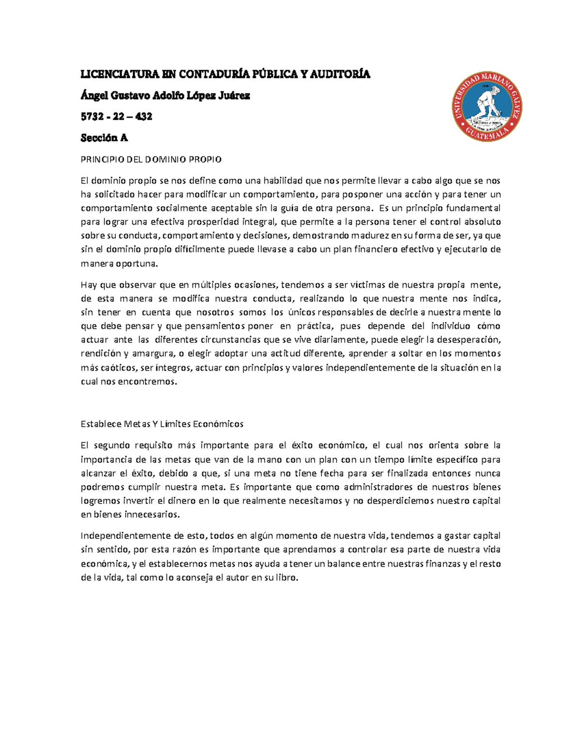 Lic. en Contaduría: Semana 13 - Principio de Dominio Propio - Studocu