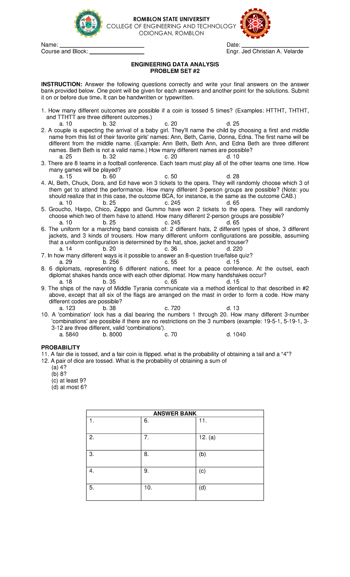 Apple ann Cuaderno - EDA Problem Set #2 - ROMBLON STATE UNIVERSITY COLLEGE OF ENGINEERING AND ...
