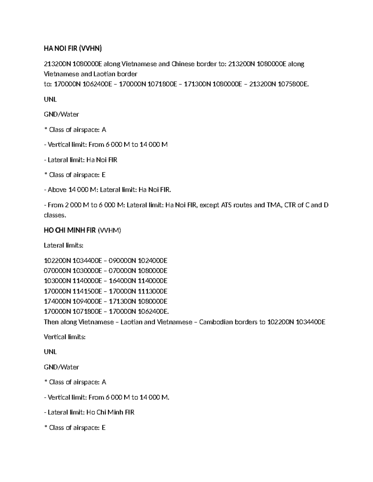 FIR - HA NOI FIR (VVHN) Airspace Limits and Classifications - Studocu