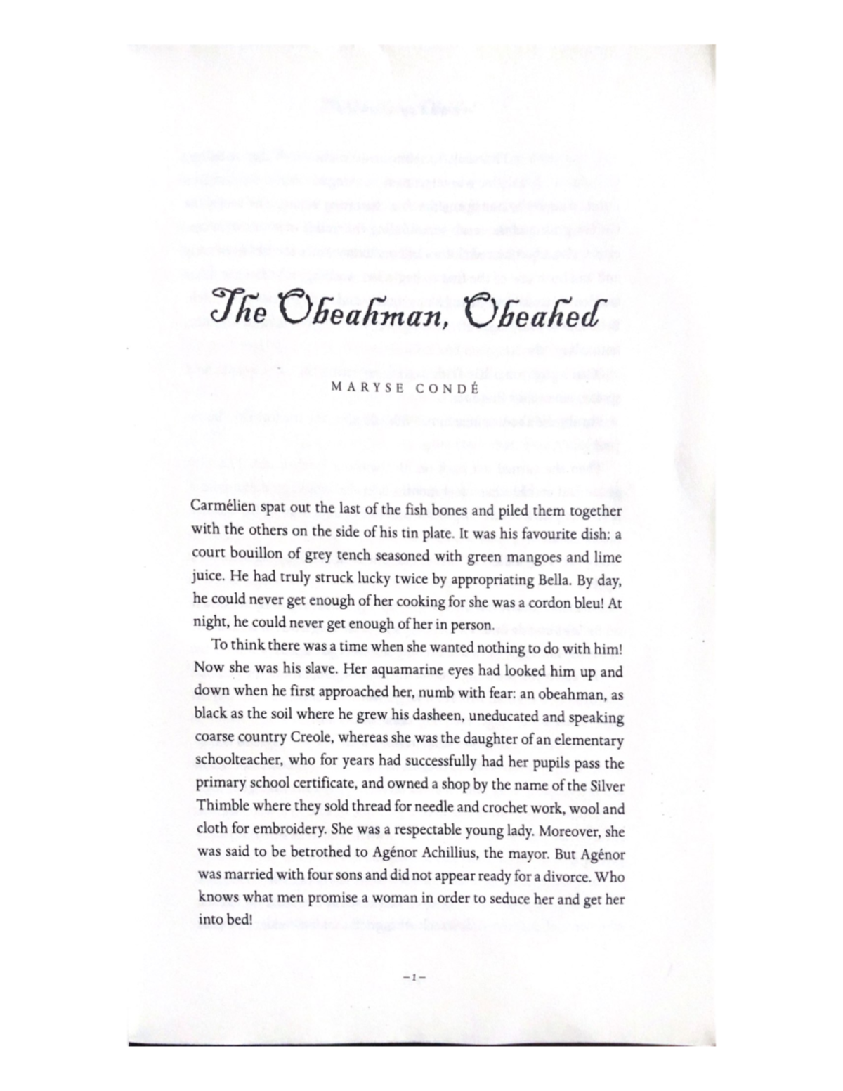 Maryse Conde, The Obeahman Obeahed - Novel 1 - Studocu