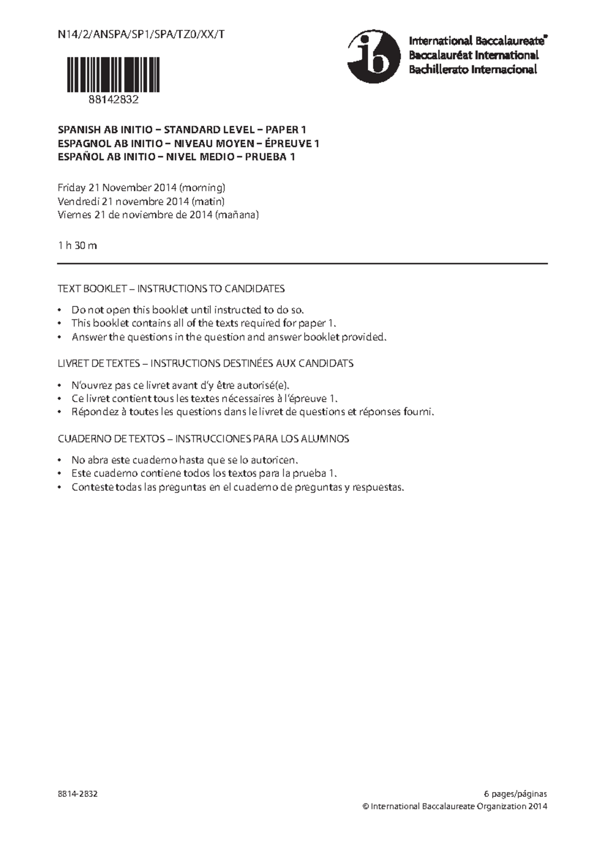 Spanish Ab Initio SL - Paper 1 Text Booklet (N14/2/ANSPA/SP1/SPA) - Studocu