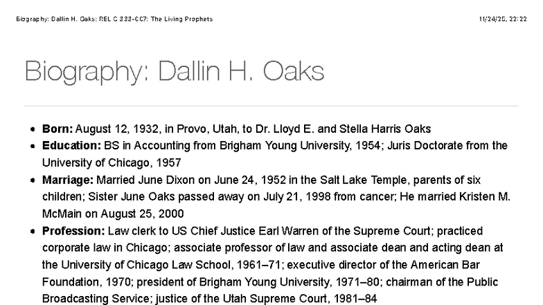 Biography: Dallin H. Oaks - Dallin H. Oaks Courtesy of LDS Media ...