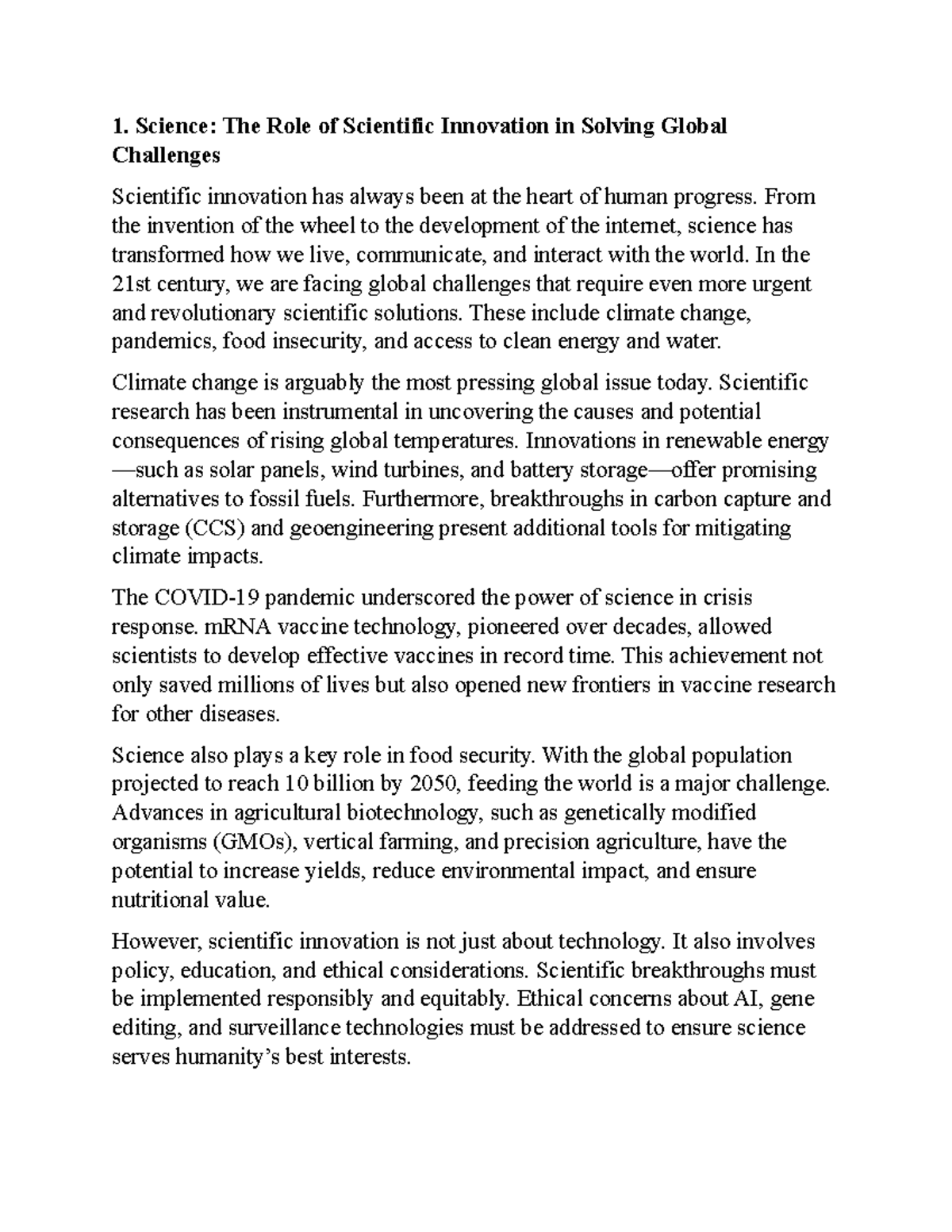 Science: The Role of Innovation in Addressing Global Challenges - Studocu