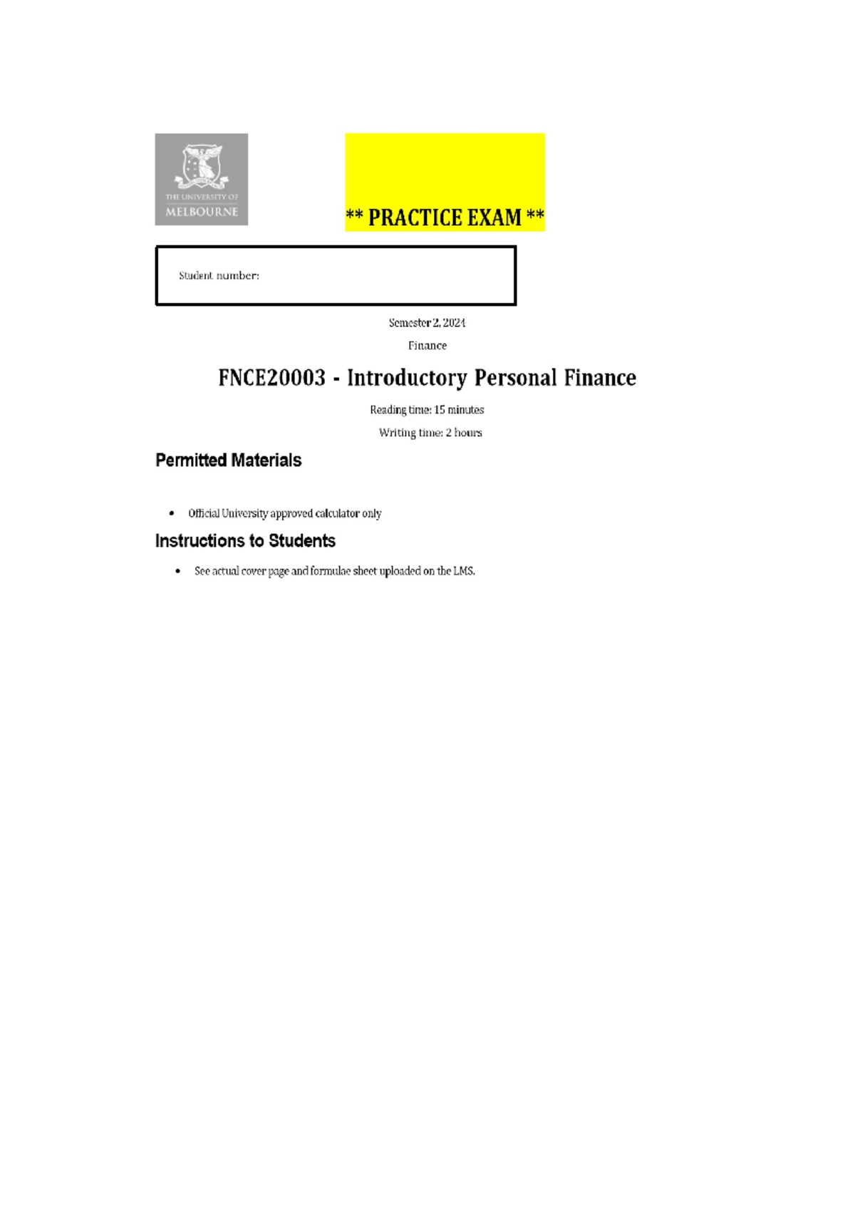 FINC1001 Practice Exam with Answers - Semester 2, 2024 - Studocu