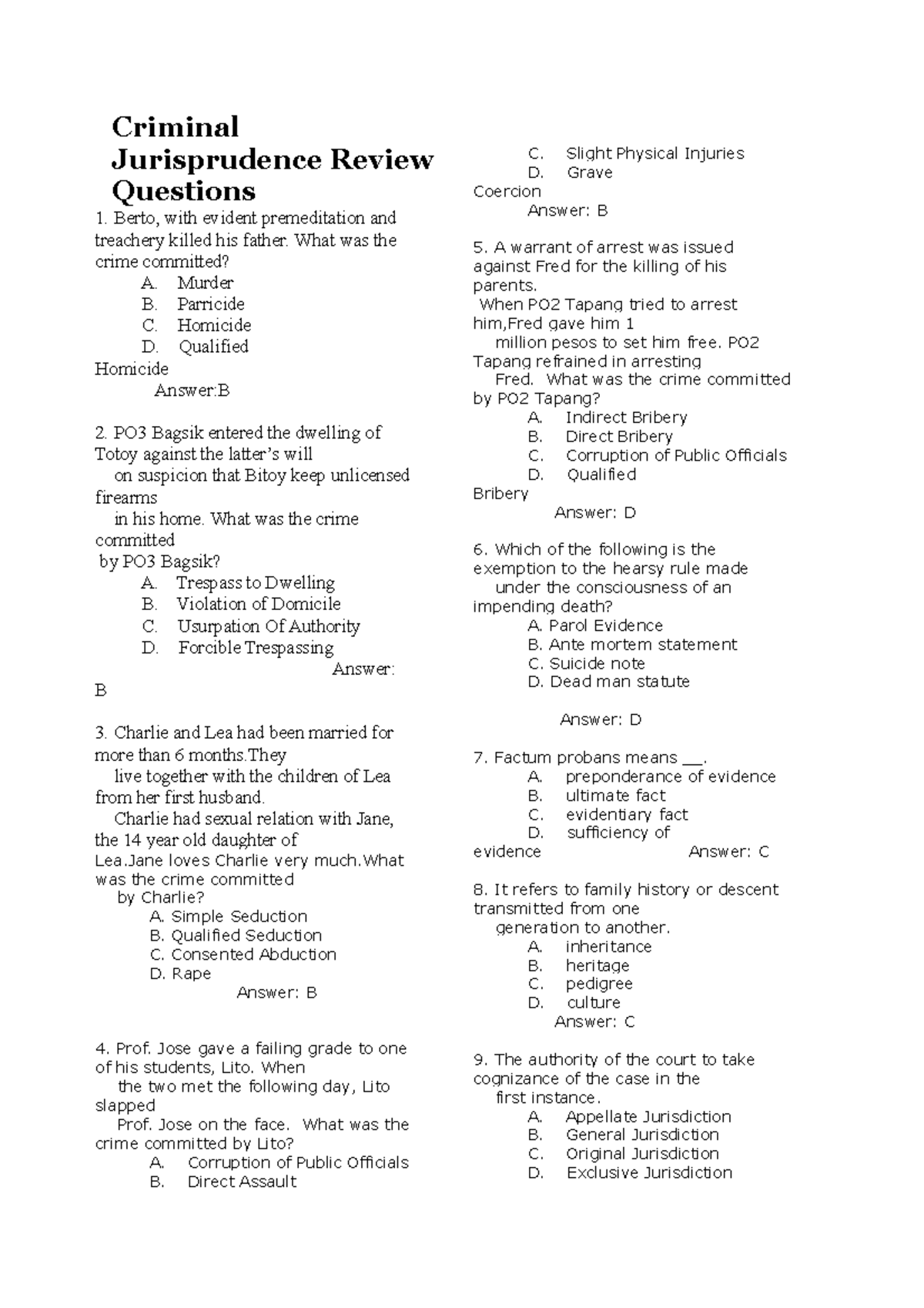 Criminal Jurisprudence Review Questions (Cdi 101) - Studocu