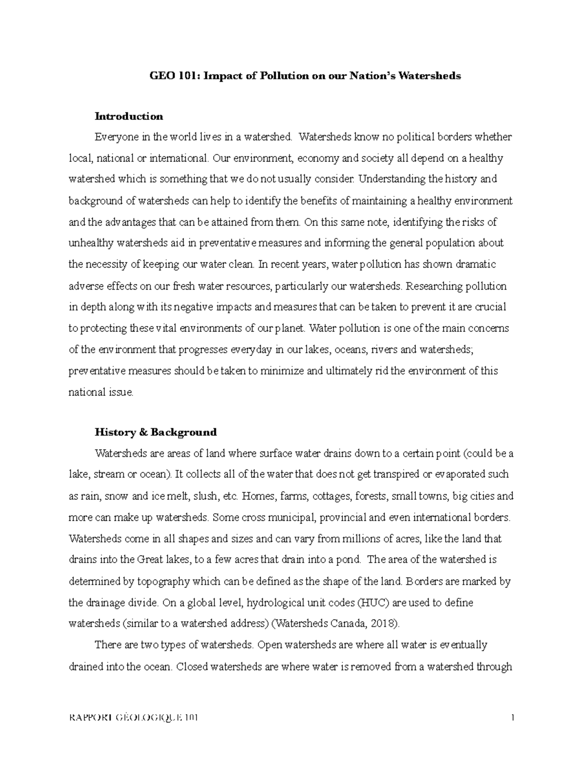 GEO101 Final Report on Pollution Impact in Our Nation's Watersheds ...