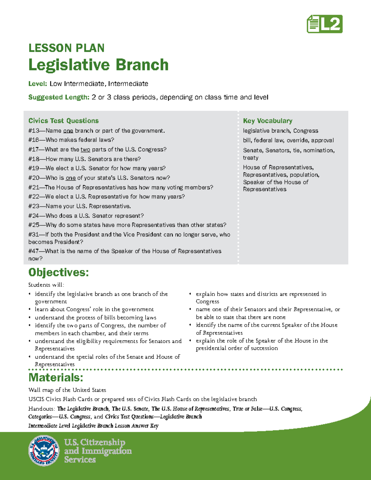 L2 LESSON PLAN: Understanding the Legislative Branch for Intermediate ...